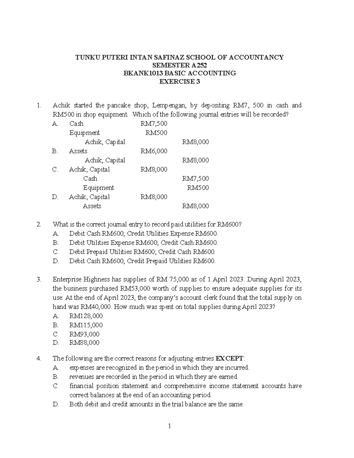 BKANK1013 Basic Accounting Exercise 3: The Recording Process - Studocu