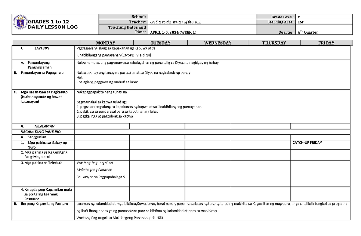 Grade 5 DLL ESP 5 Q4 Week 1 - GRADES 1 to 12 DAILY LESSON LOG School ...