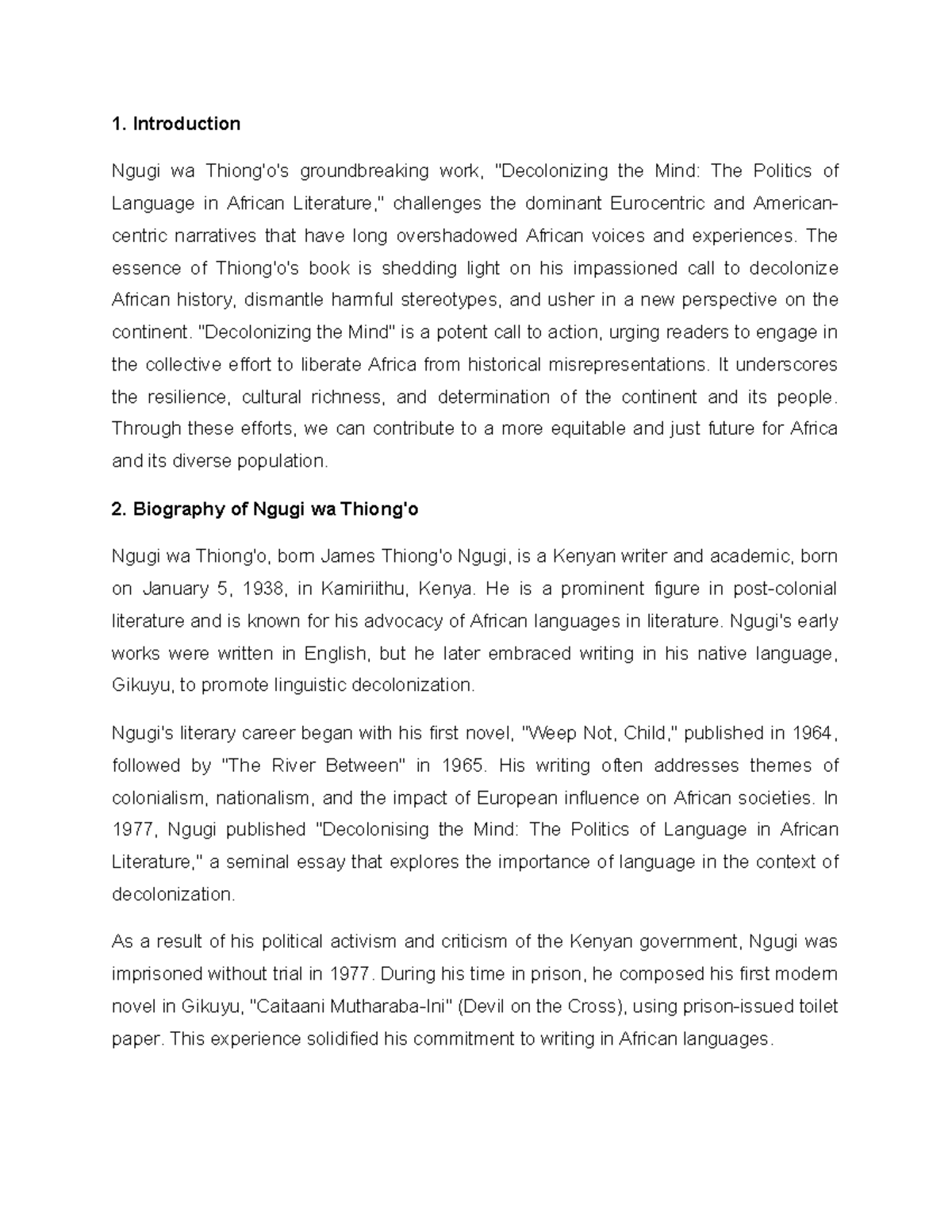 ELP 733 - Summary of Ngugi wa Thiong'o's "Decolonizing the Mind" - Studocu