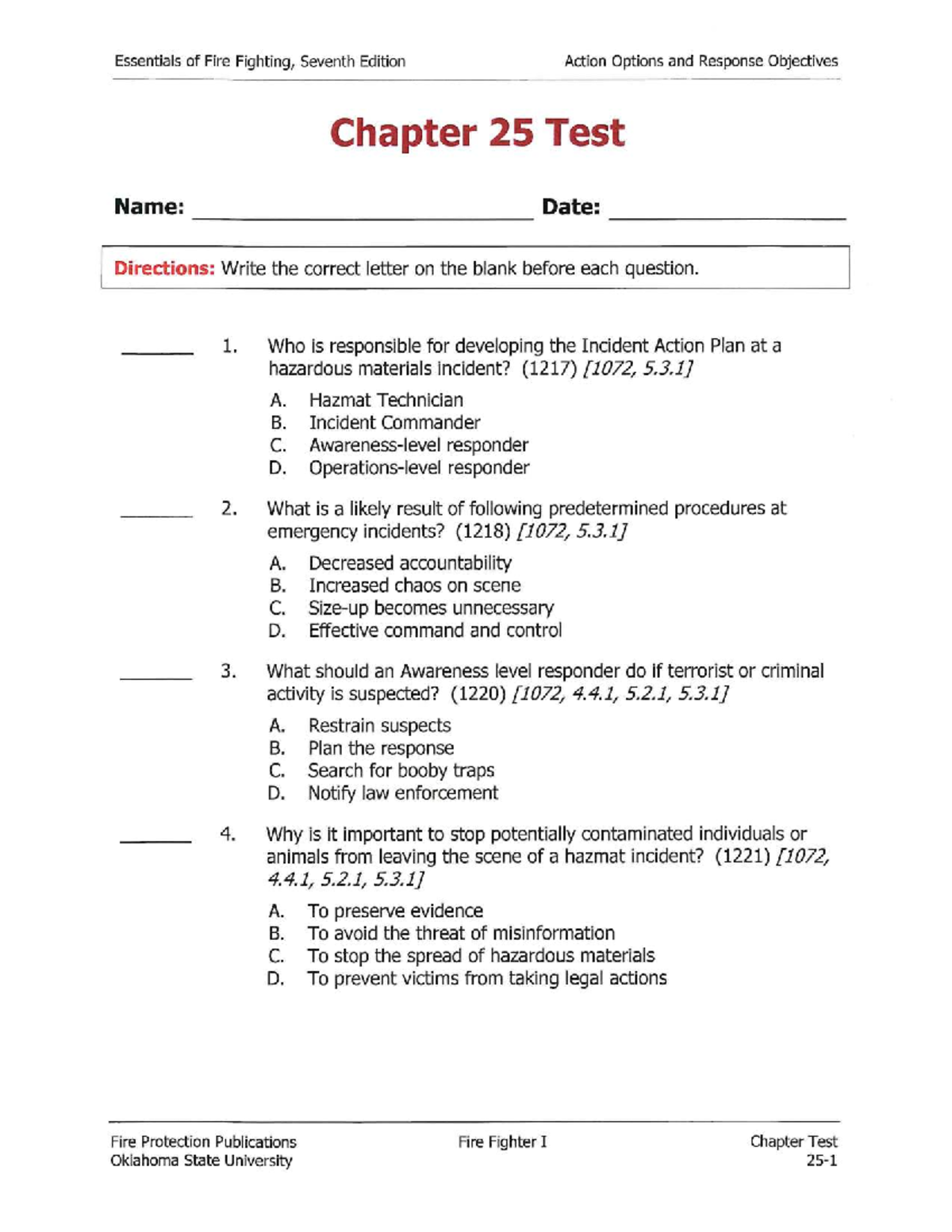 Chapter 25 Test: Essentials of Fire Fighting, 7th Ed. Action Options ...