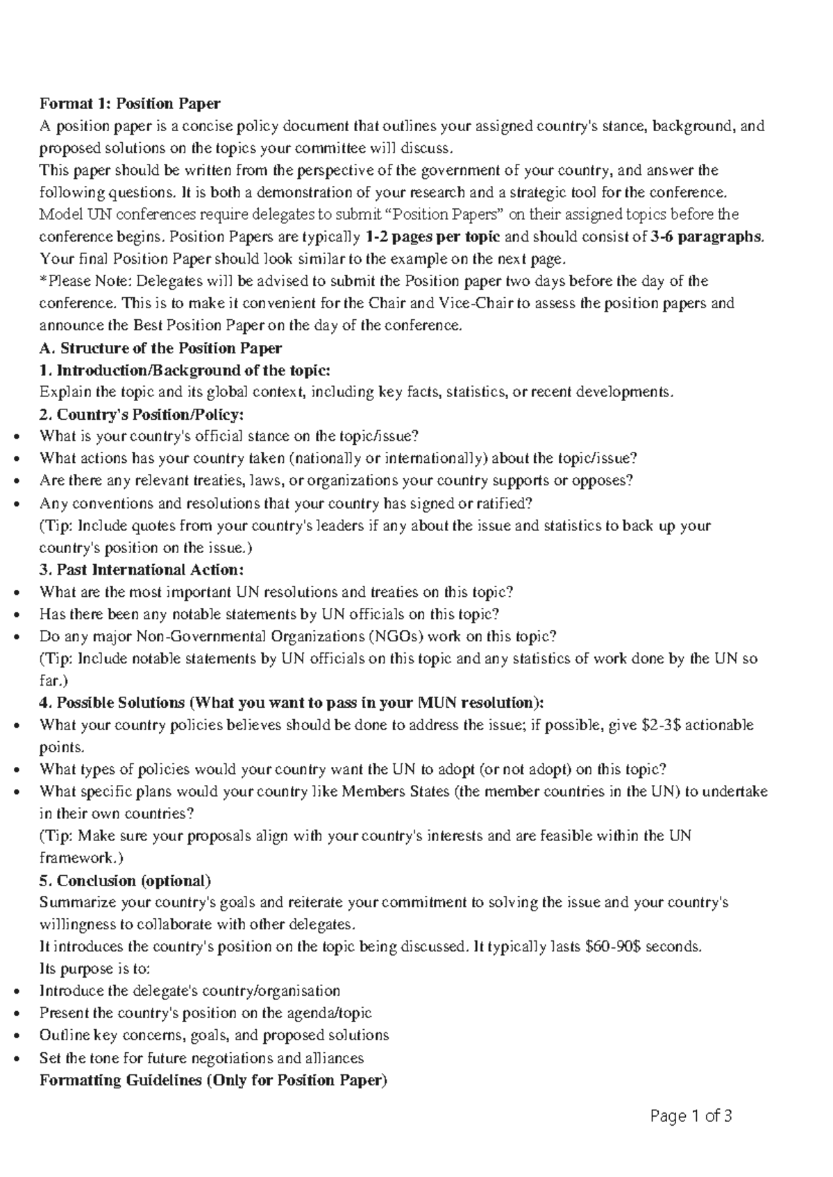 Position Paper Template for MUN Conference: CAR Focus - Studocu