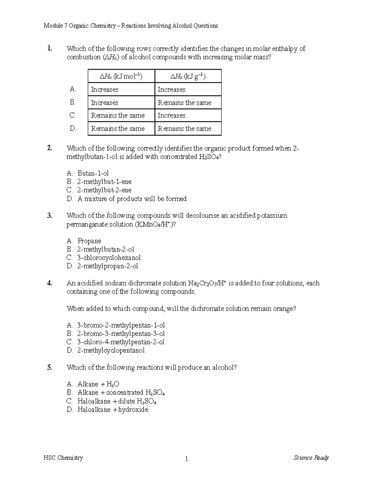 HSC Chemistry Module 7: Organic Chemistry Reactions Involving Alcohol ...
