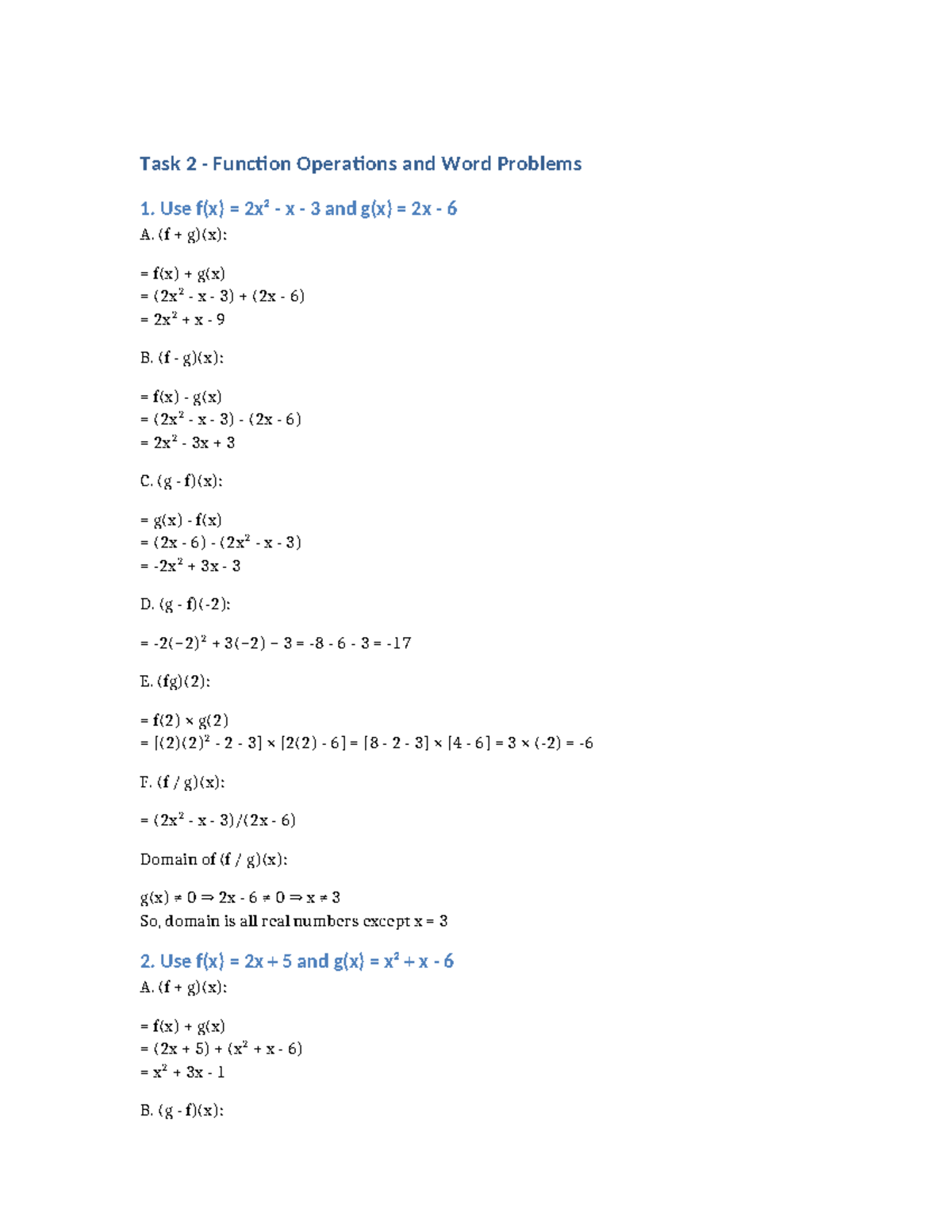 Task 2 - Function Operations & Word Problems Solutions - Studocu