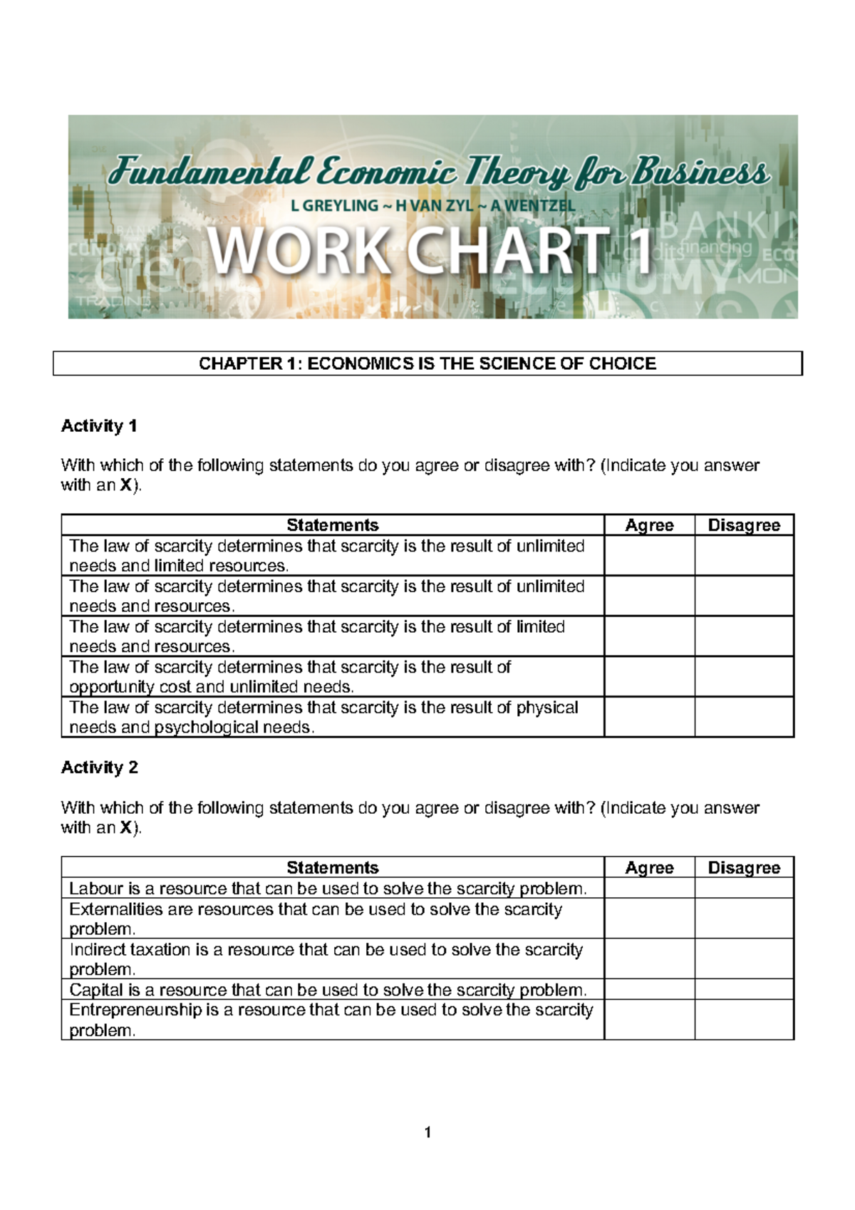 Economics CH 1: Understanding Scarcity & Opportunity Cost Activities ...