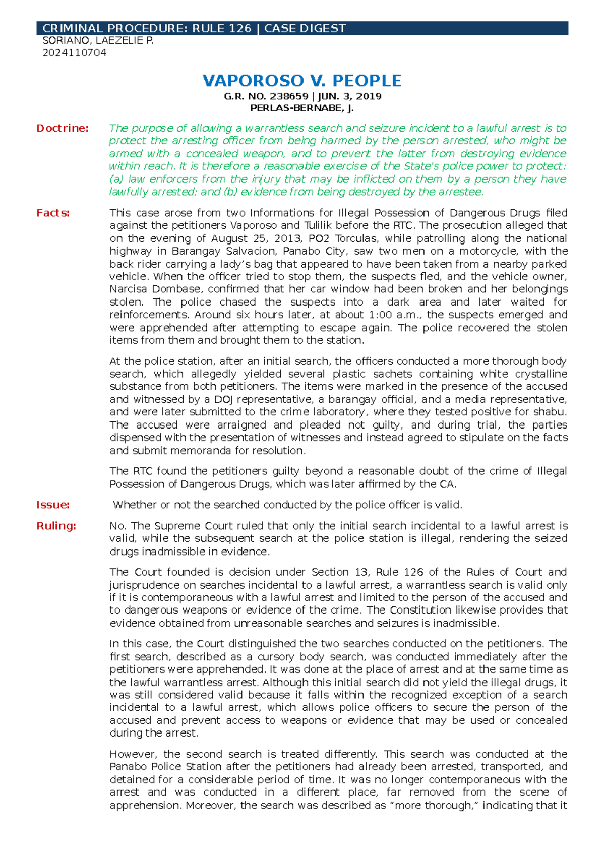 CRIMINAL PROCEDURE: CASE DIGEST ON VAPOROSO V. PEOPLE G.R. 238659 - Studocu