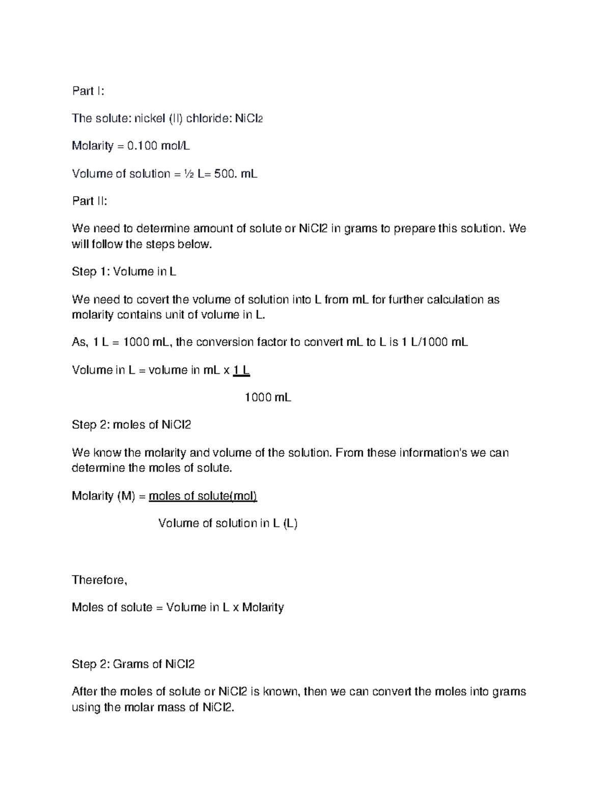 Chemistry Lecture: Calculating Molarity & Grams of NiCl2 Solution - Studocu