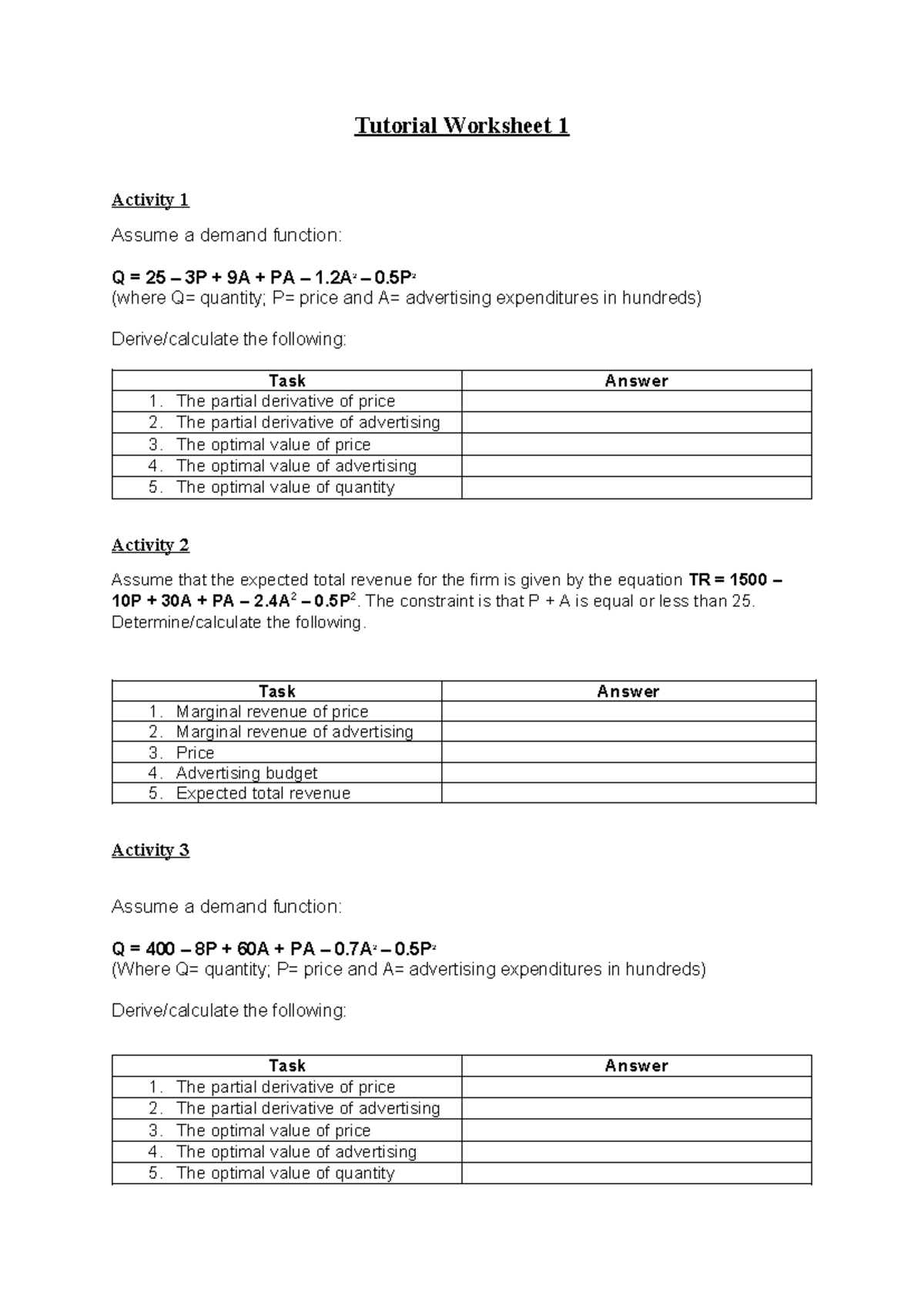 ECO2B Tutorial Worksheet 1: Demand Functions & Revenue Analysis - Studocu