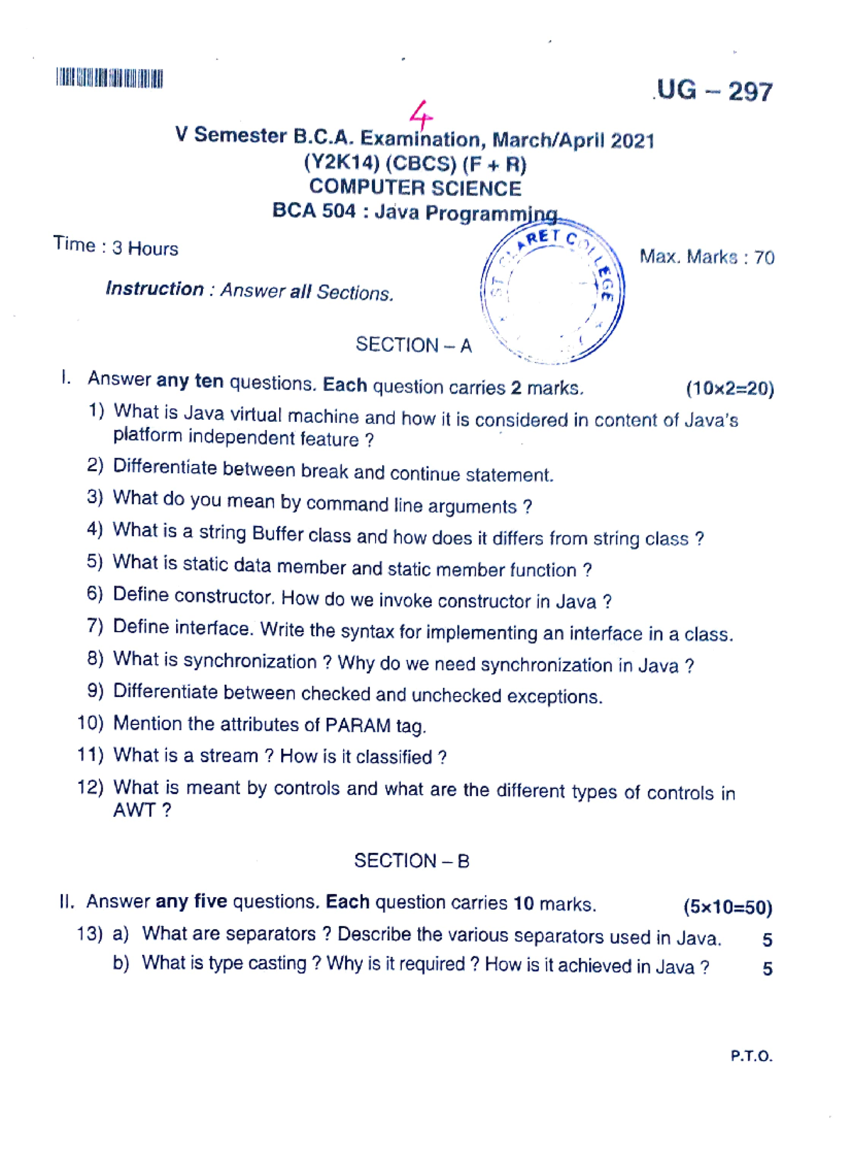 Java Programming 2021 - UG 297 V Semester B.C. Examination, March/April 2021 (Y2K14) (CBCS) (F+ ...