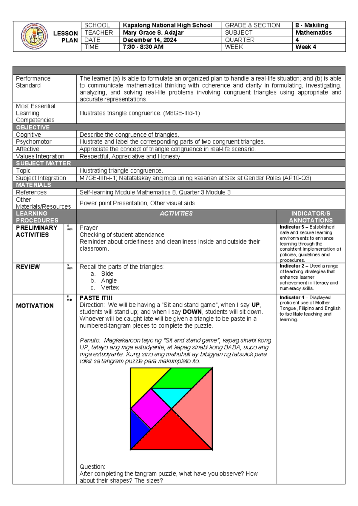 LESSON PLAN 8-Illustrates triangle congruence. - LESSON PLAN SCHOOL ...