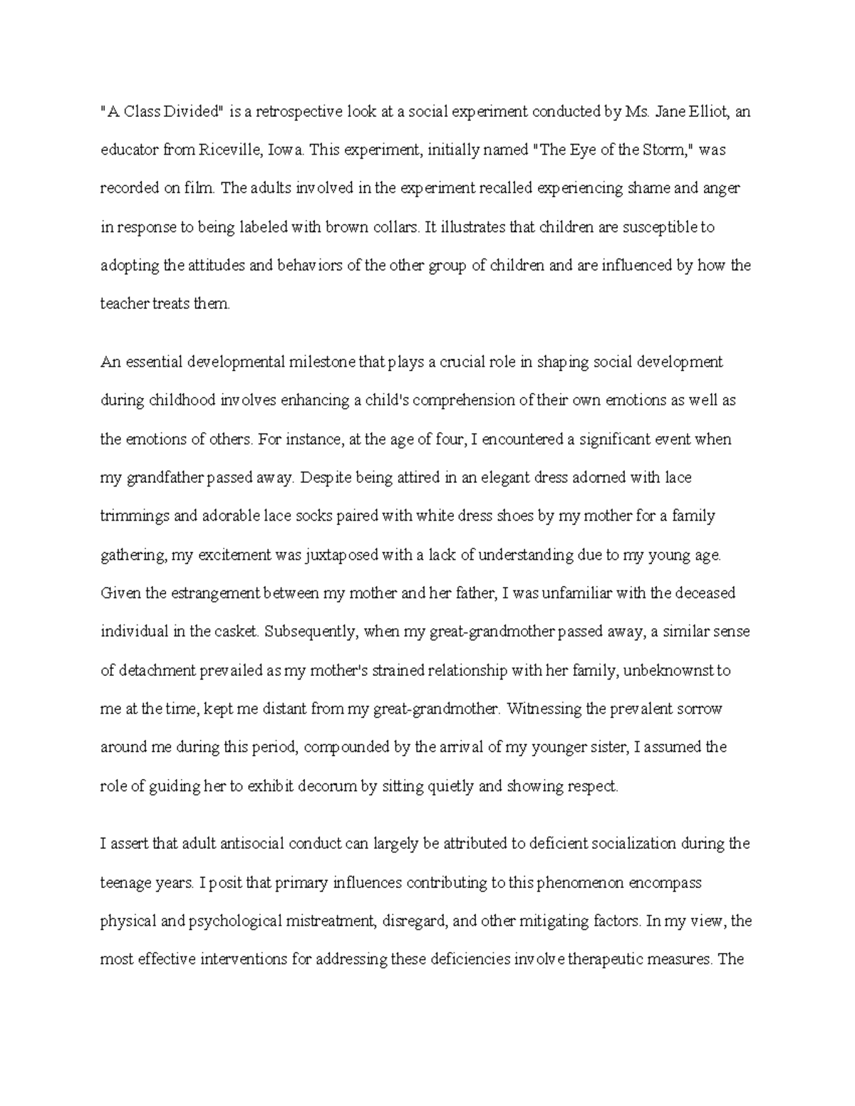 PSY355dis2 - Reflection on Social Experiment and Emotional Development ...