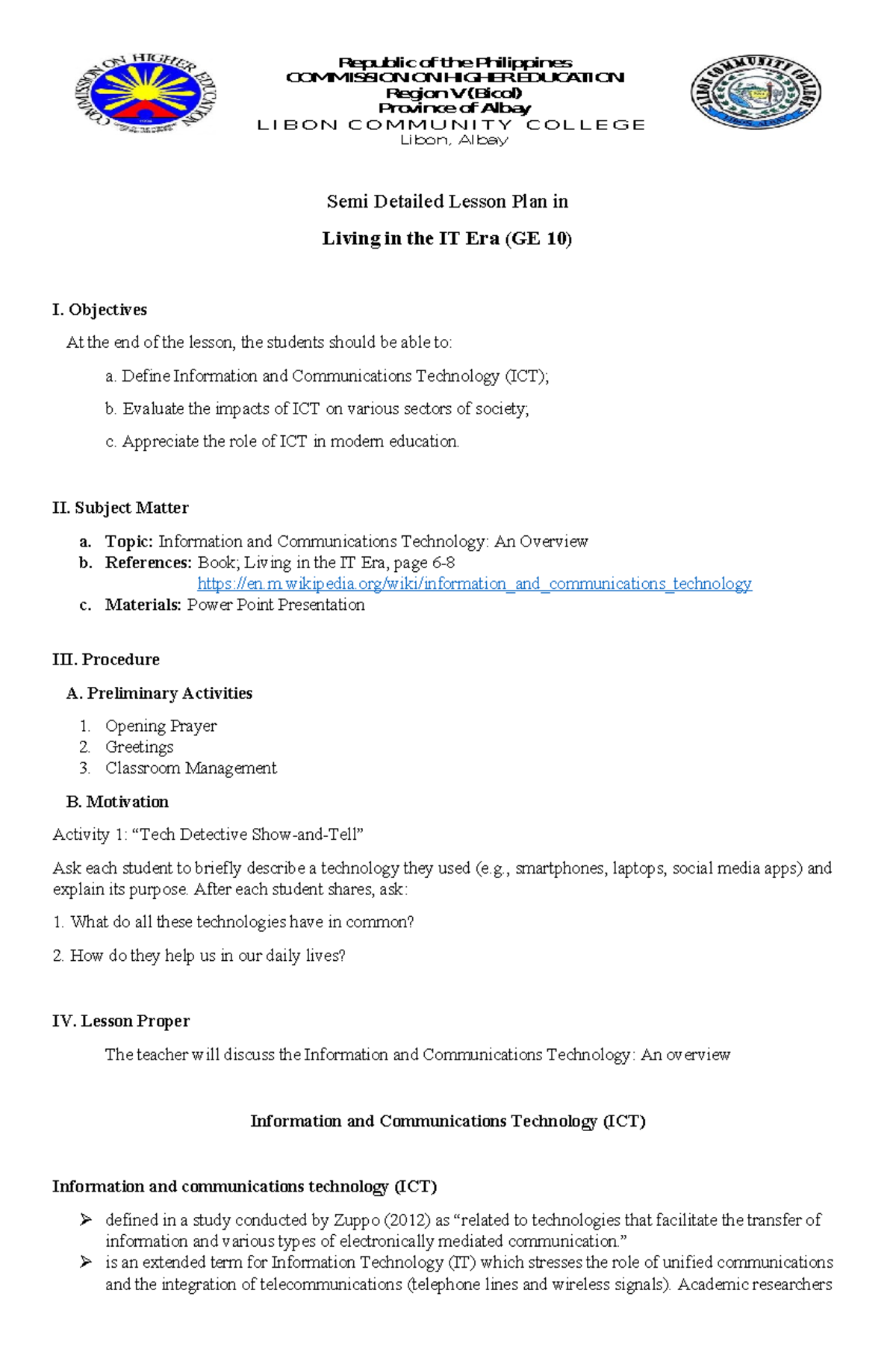 Semi Detailed Lesson Plan on ICT: Living in the IT Era (GE 10) - Studocu