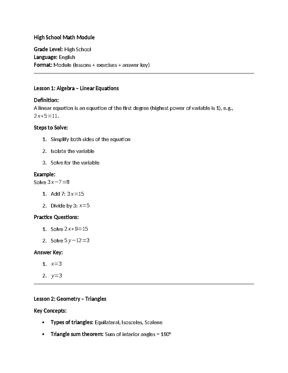 High School Math Module: Algebra, Geometry & Trigonometry Lessons - Studocu
