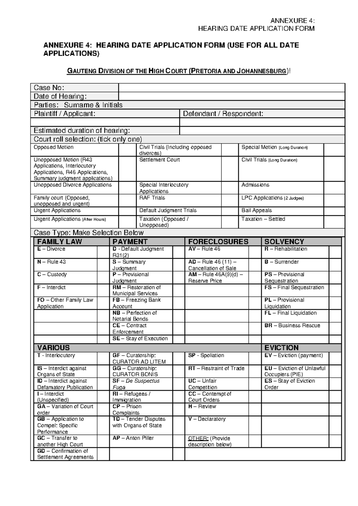 Annexure 4: Hearing Date Application Form - Gauteng High Court - Studocu