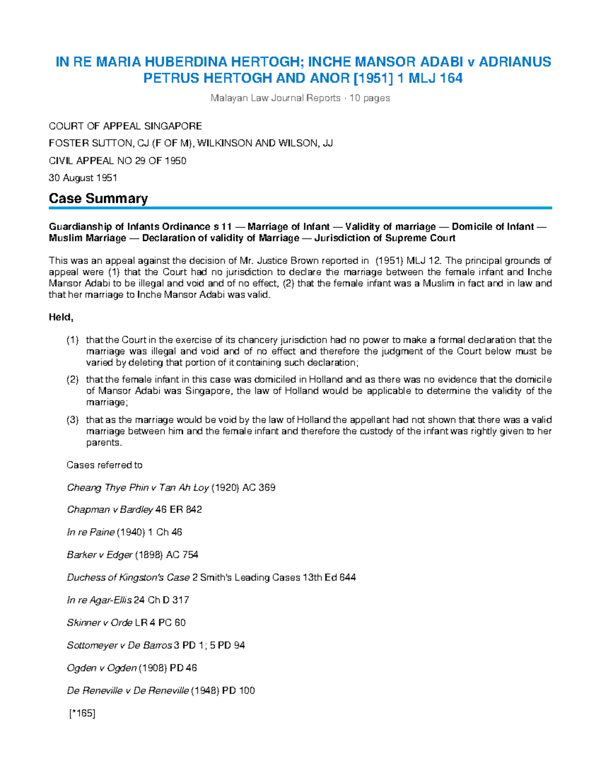 Case Study: Maria Huberdina Hertogh v Inche Mansor Adabi (CA No. 29/ ...