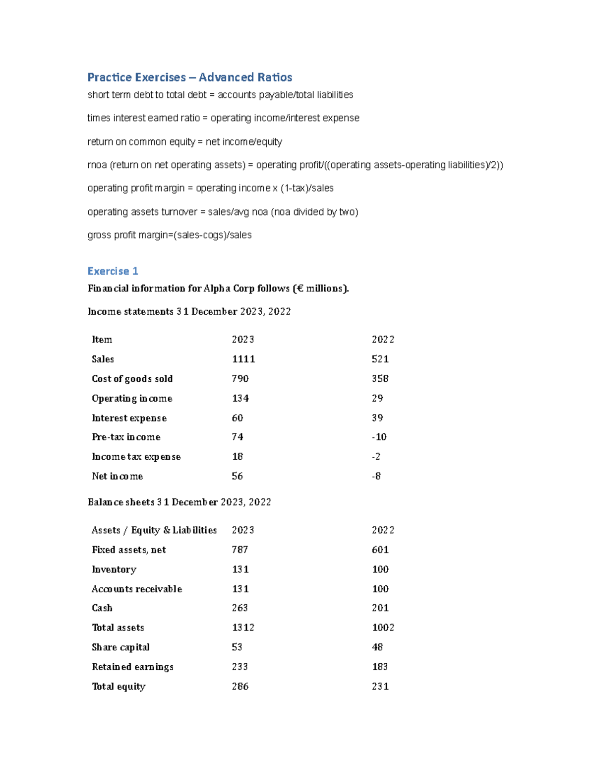 Advanced Ratio Exercises (FIN 301) - Financial Analysis & Performance ...