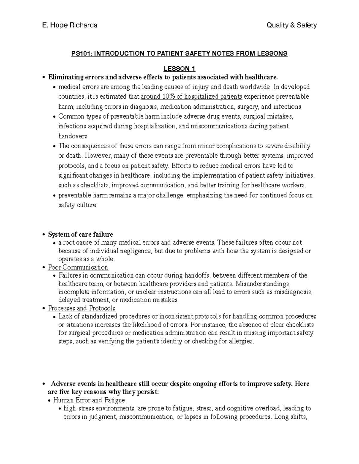 PS101: Important Patient Safety Insights from Lessons - Studocu