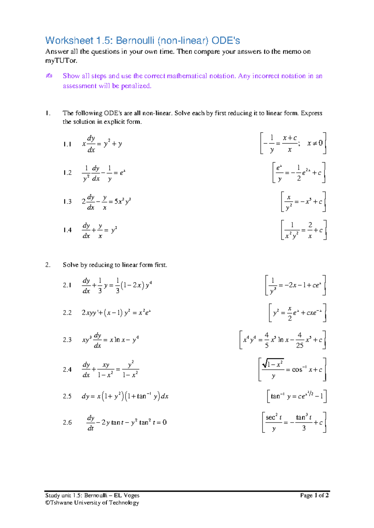 EMA206B: Worksheet 1.5 - Bernoulli Equations Solutions - Studocu