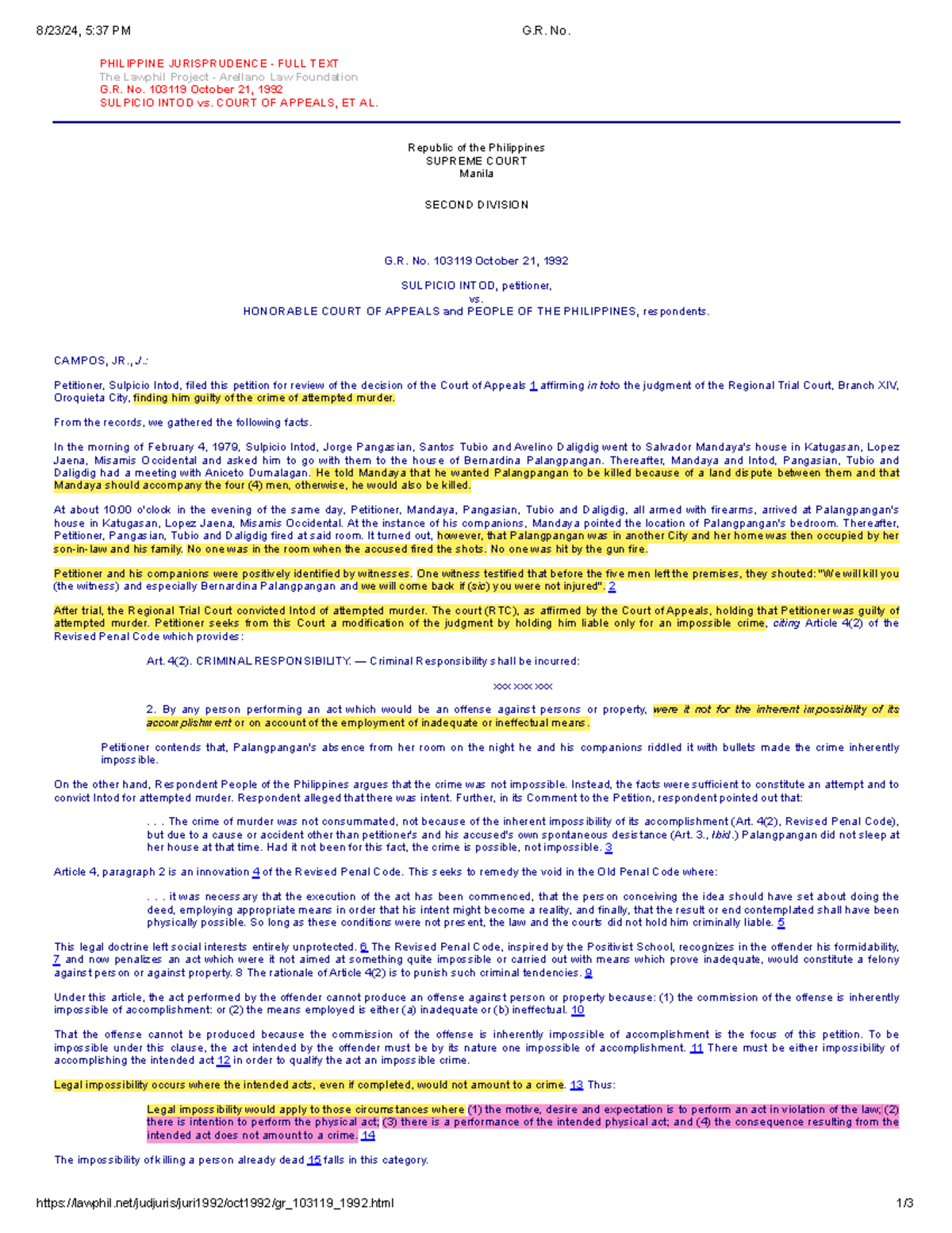G.R. No. 103119: Sulpicio Intod vs. Court of Appeals - Attempted Murder ...