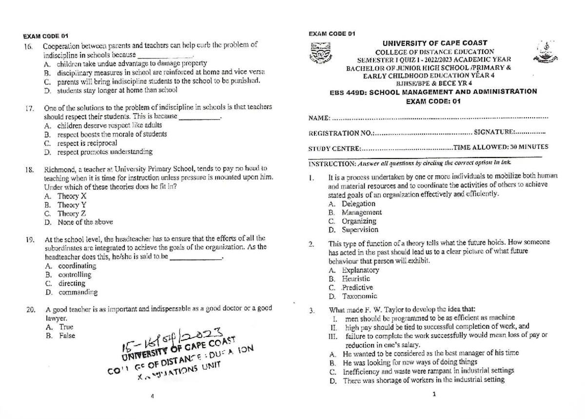 EBS 449D: School Management and Administration Semester I Quiz - Studocu
