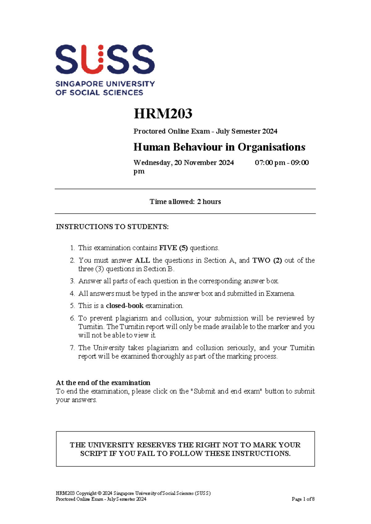 HRM203 JUL 2024 POE - Proctored Online Exam Paper on Human Behaviour ...