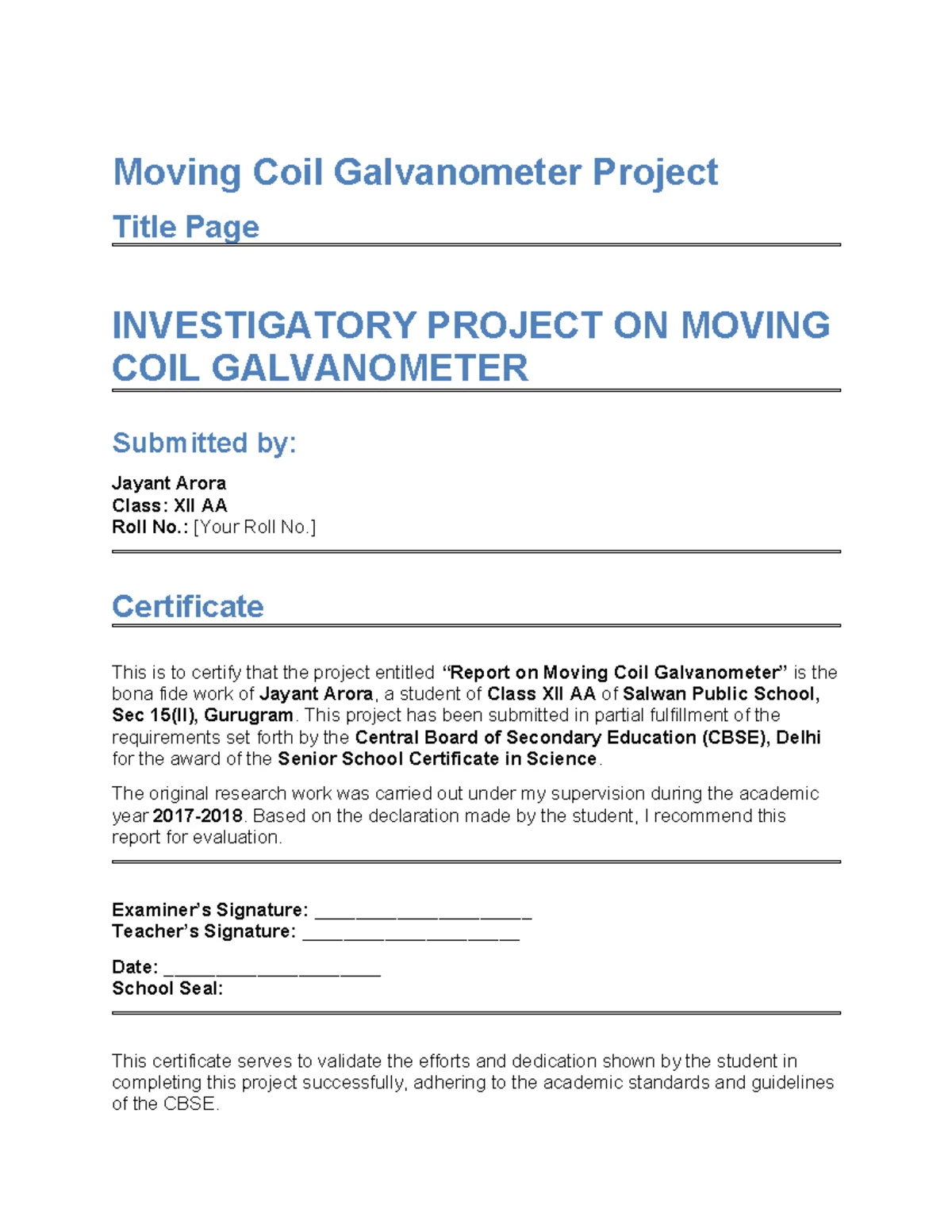 Physics Project Moving Coil Galvanometer 2 - Index Objective The ...