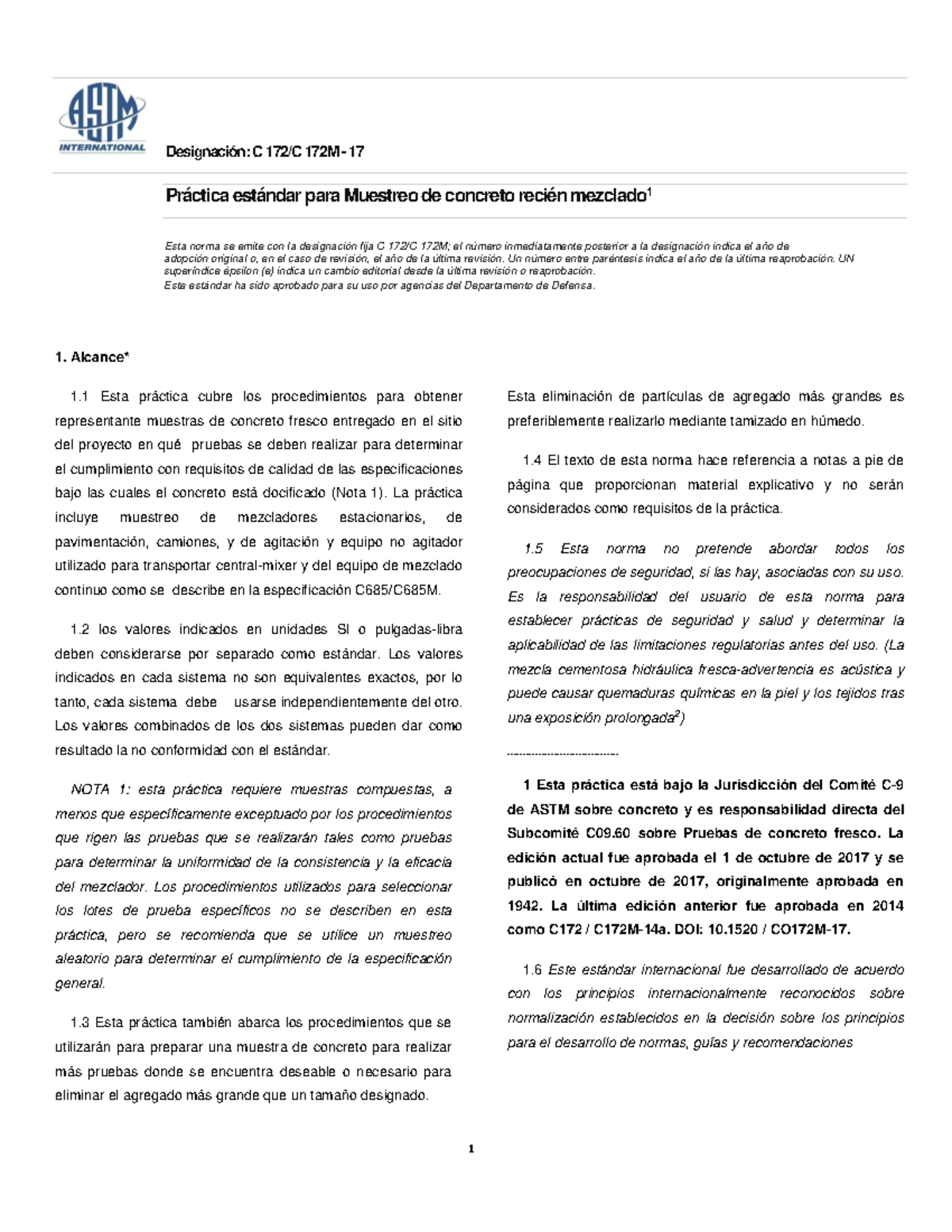 ASTM C 172-17 Práctica Estándar para Muestreo de Concreto Fresco - Studocu