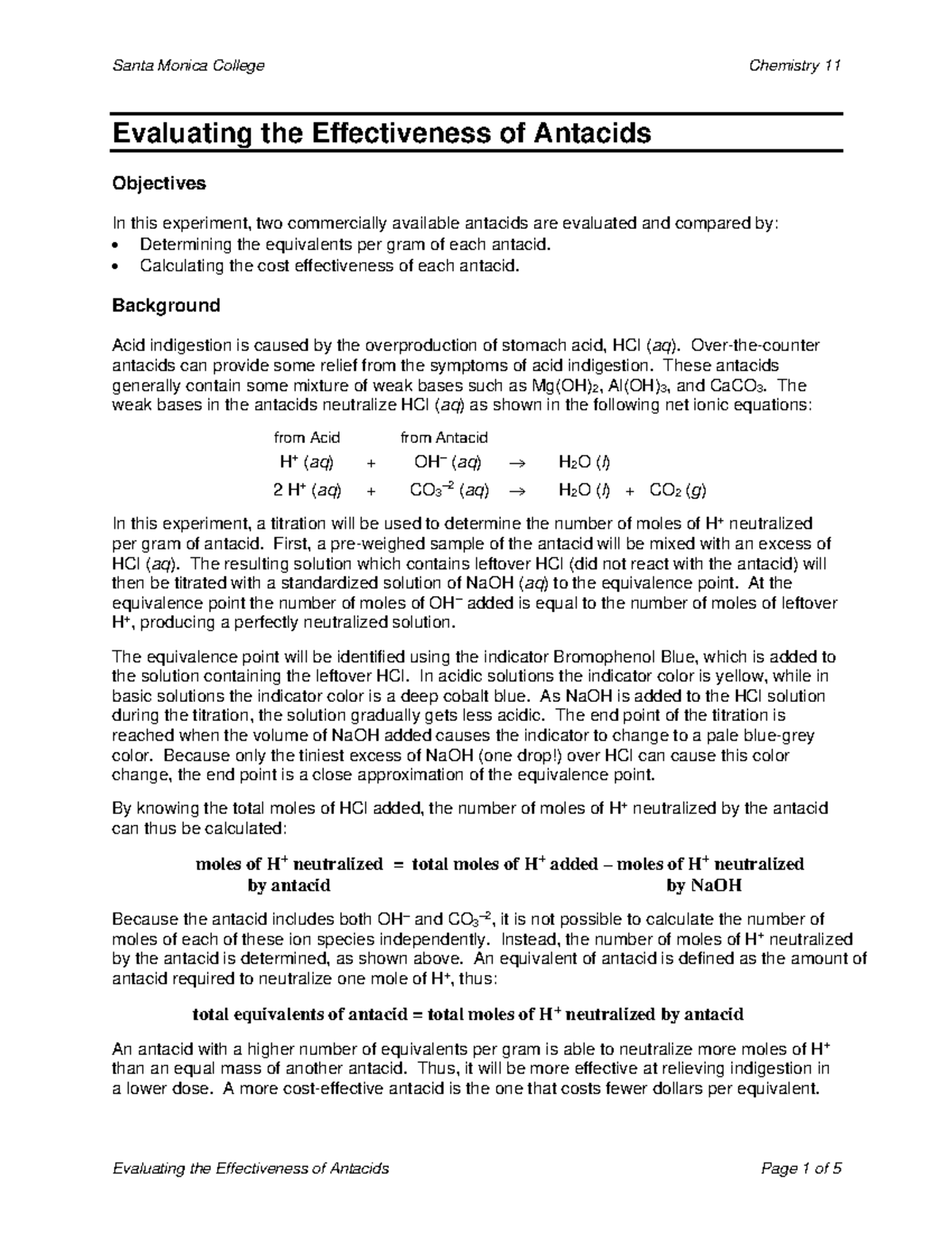 Santa Monica College Chemistry 11 Lab: Evaluating Antacid Effectiveness ...