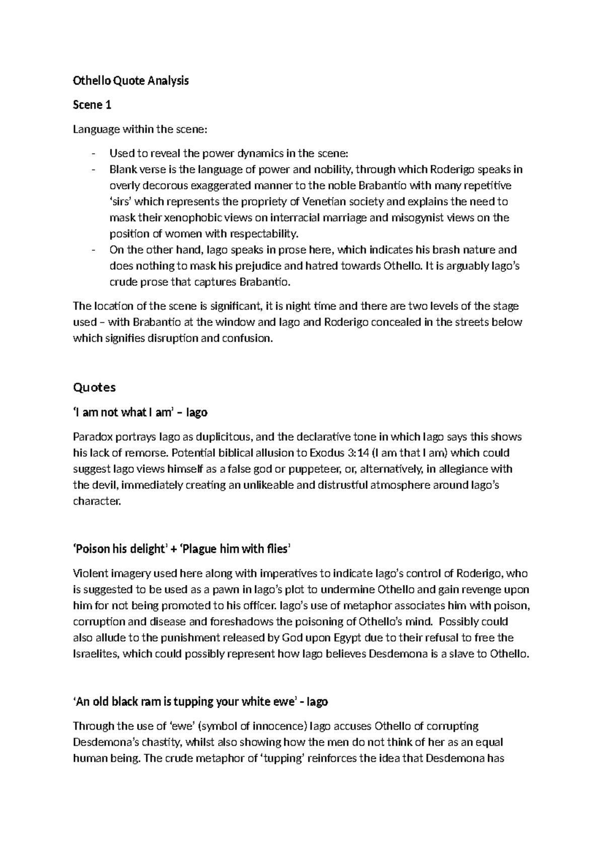 Othello Quote Analysis: Language and Power Dynamics in Act 1 - Studocu