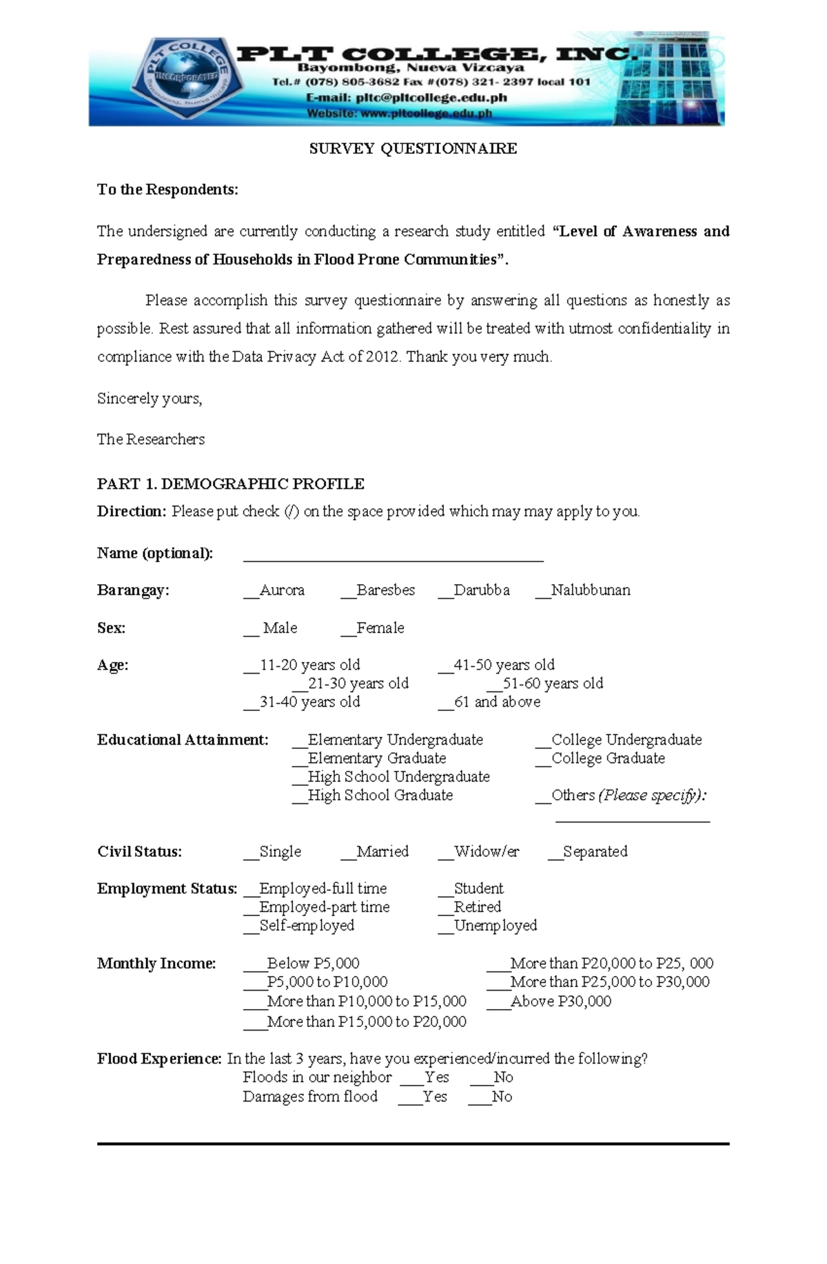 Flood Awareness and Preparedness Survey for Households in Flood Zones ...