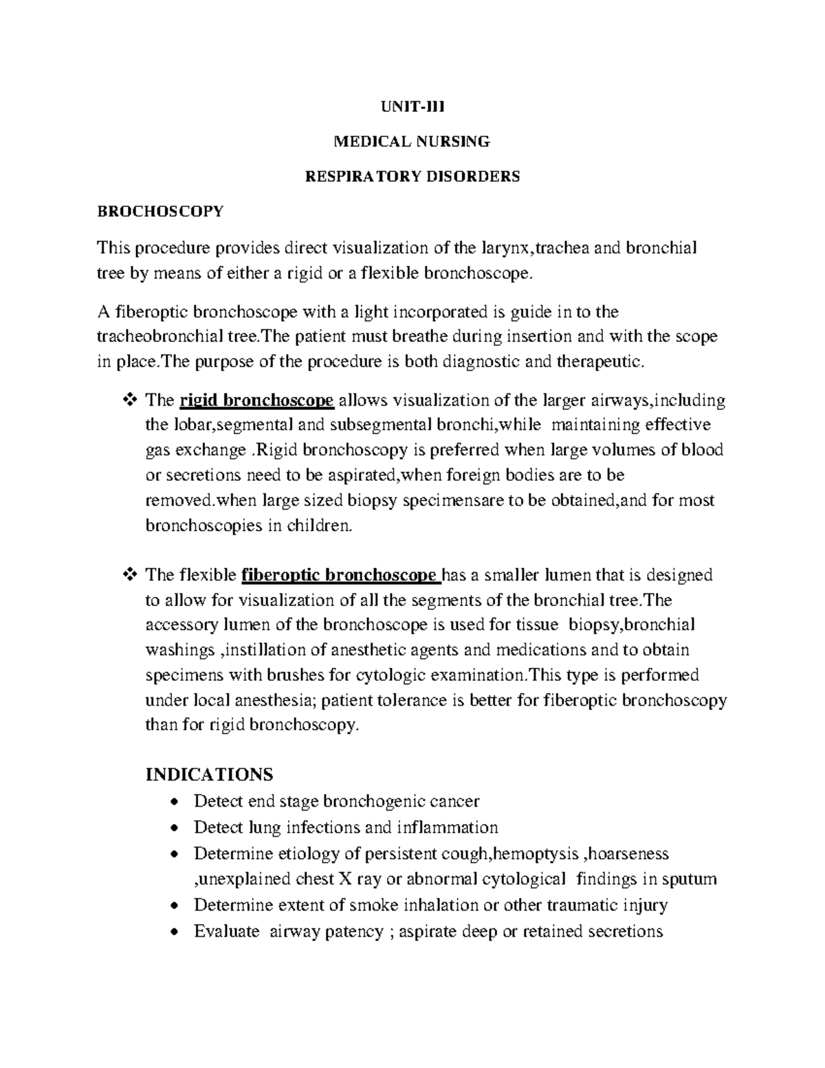 Bronchoscopy- Notes - UNIT-III MEDICAL NURSING RESPIRATORY DISORDERS ...