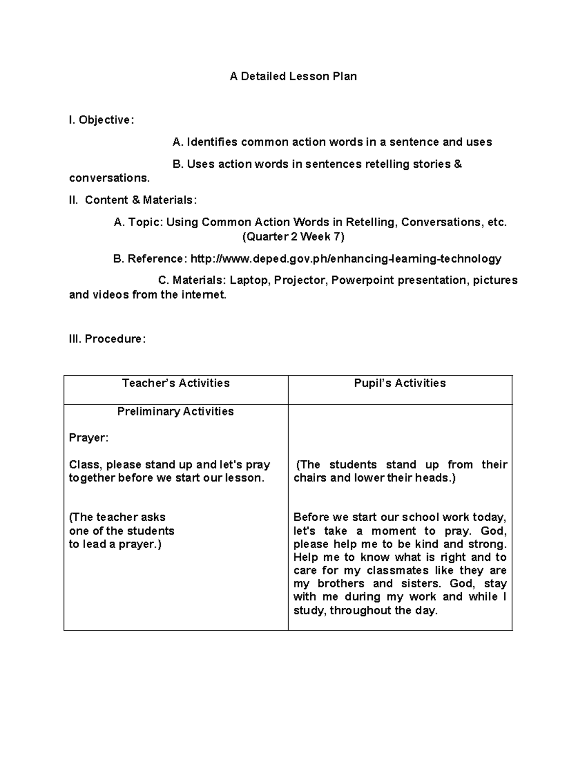 A Detailed Lesson Plan on Action Words (Quarter 2 Week 7) - Studocu