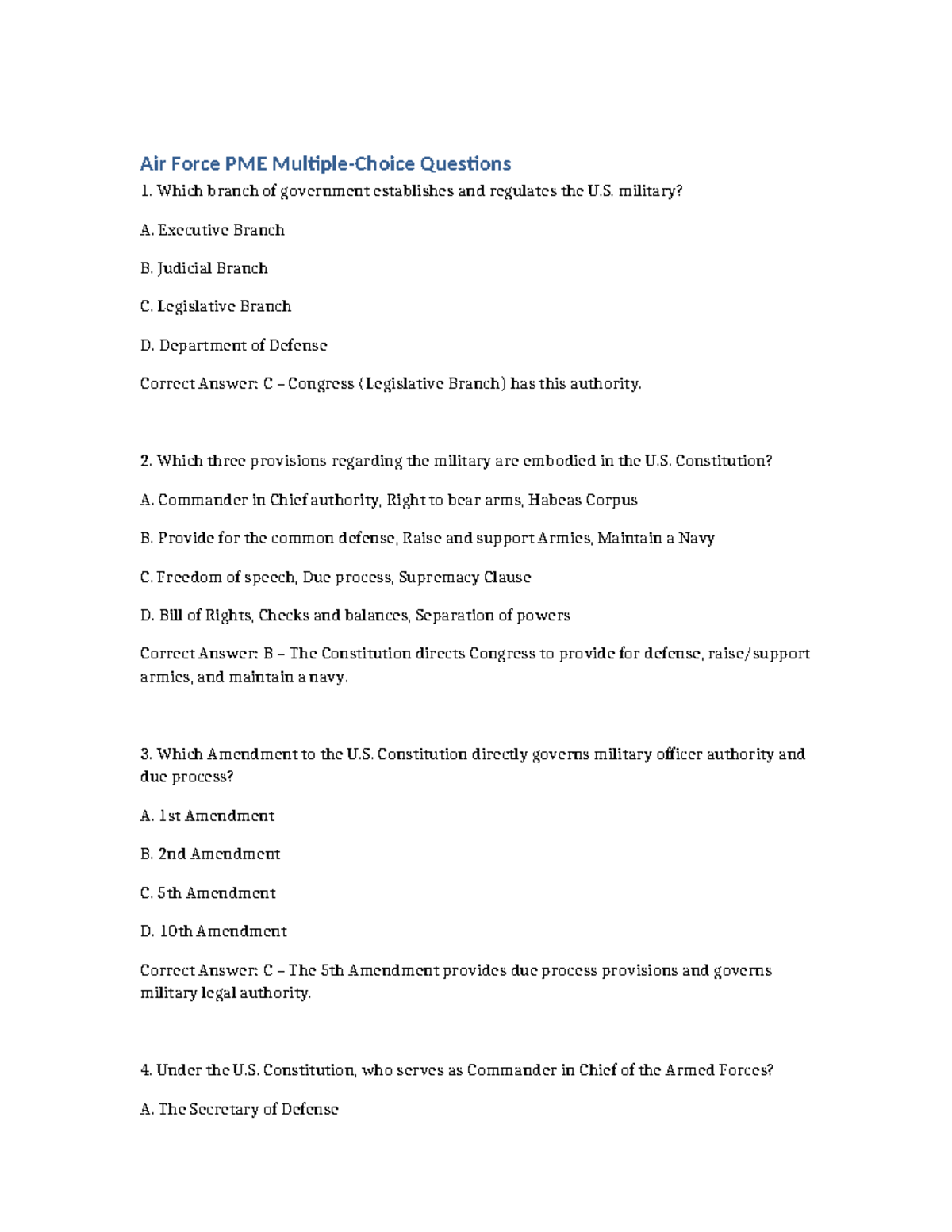 Air Force PME MCQ Review Guide: U.S. Military Structure - Studocu