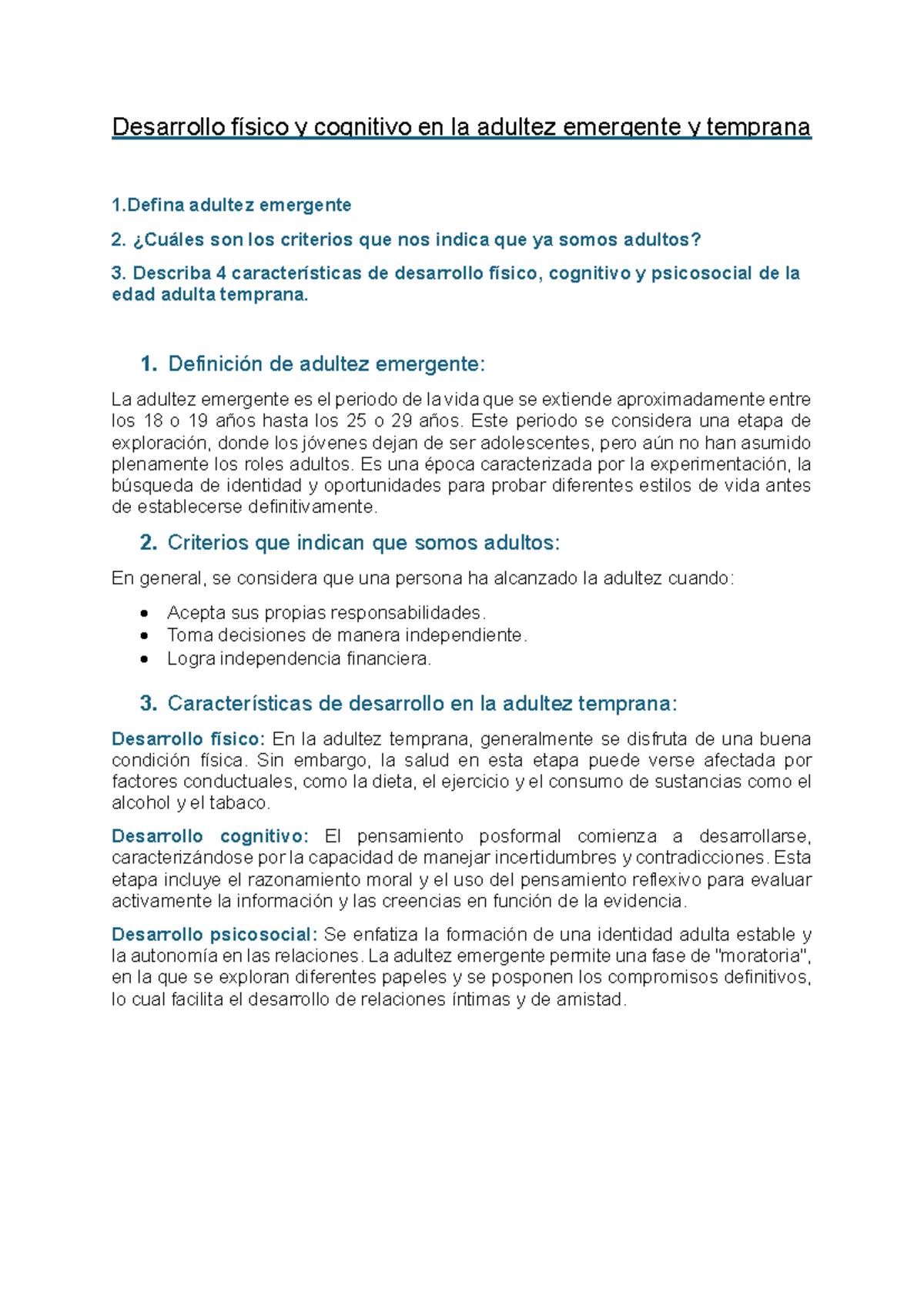 Desarrollo Físico y Cognitivo en Adultez Temprana: Características Clave - Studocu