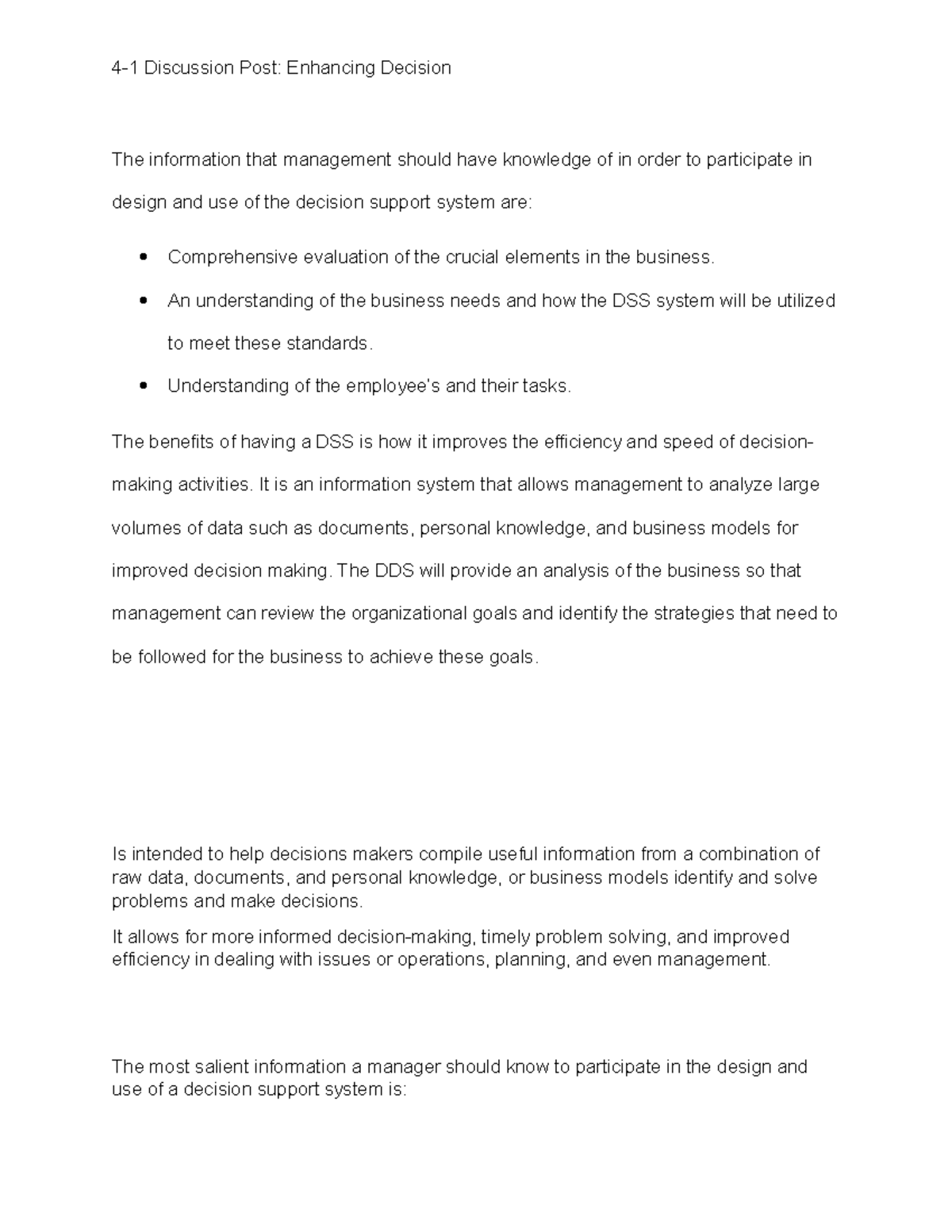 4-1 Discussion Post: Enhancing Decision-Making with DSS Insights - Studocu