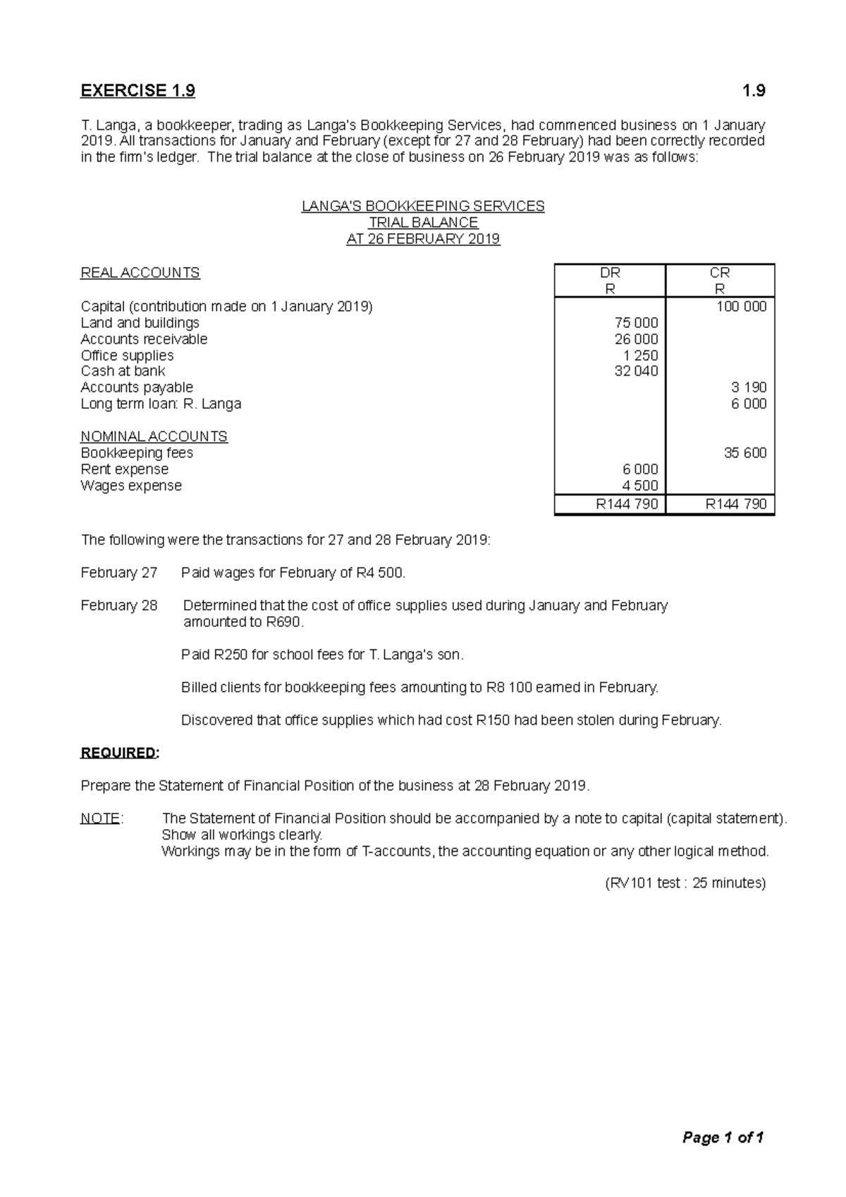 Exercise 1.9 (2023) - EXERCISE 1 1. T. Langa, a bookkeeper, trading as Langa’s Bookkeeping ...