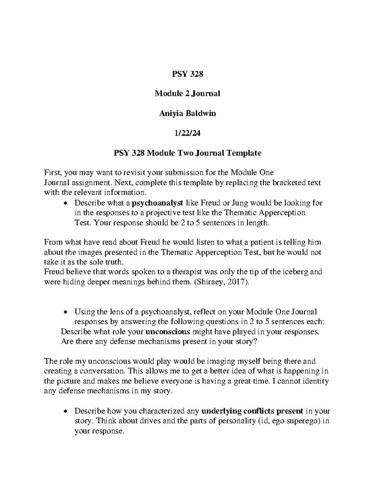 PSY 328 Module 2 Psychoanalytic Journal Reflection - Studocu