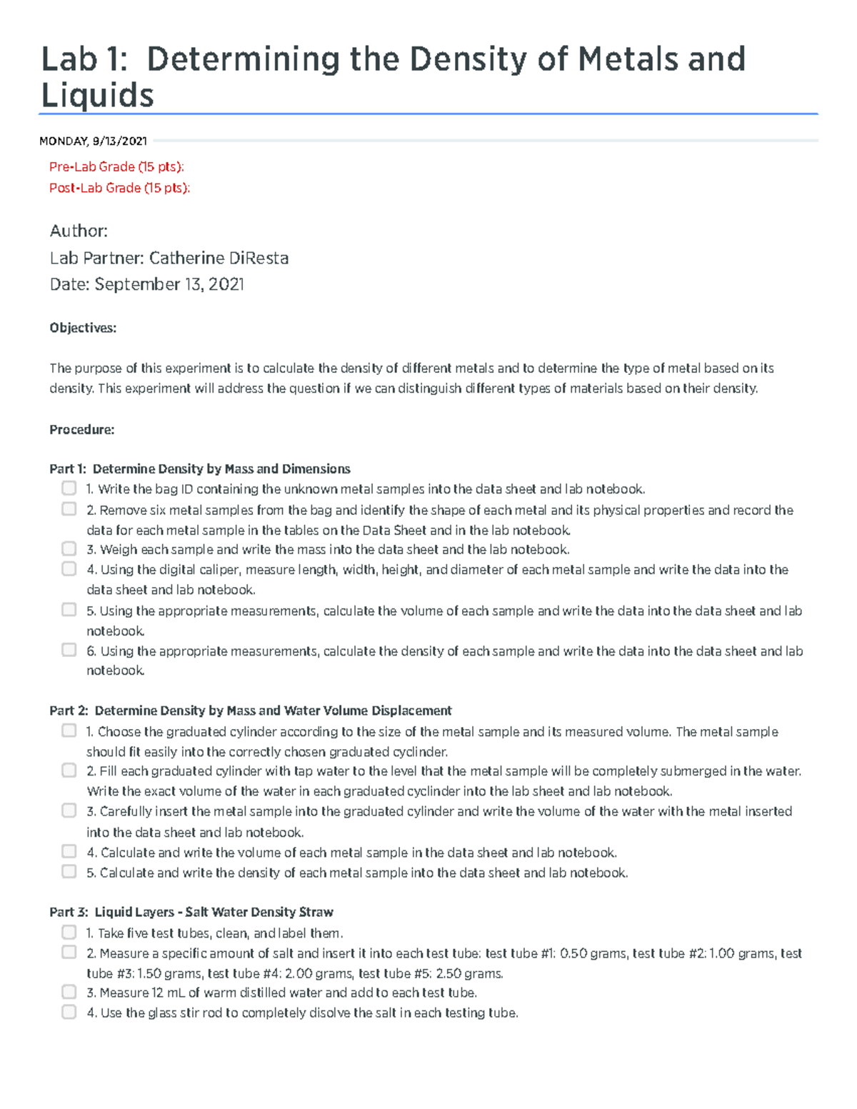 Lab 1 Determining the Density of Metals and Liquids · Benchling - Lab 1 ...