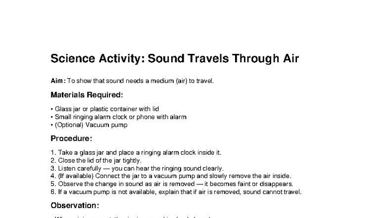 Science Activity: Sound Travels Through Air - Project Overview - Studocu
