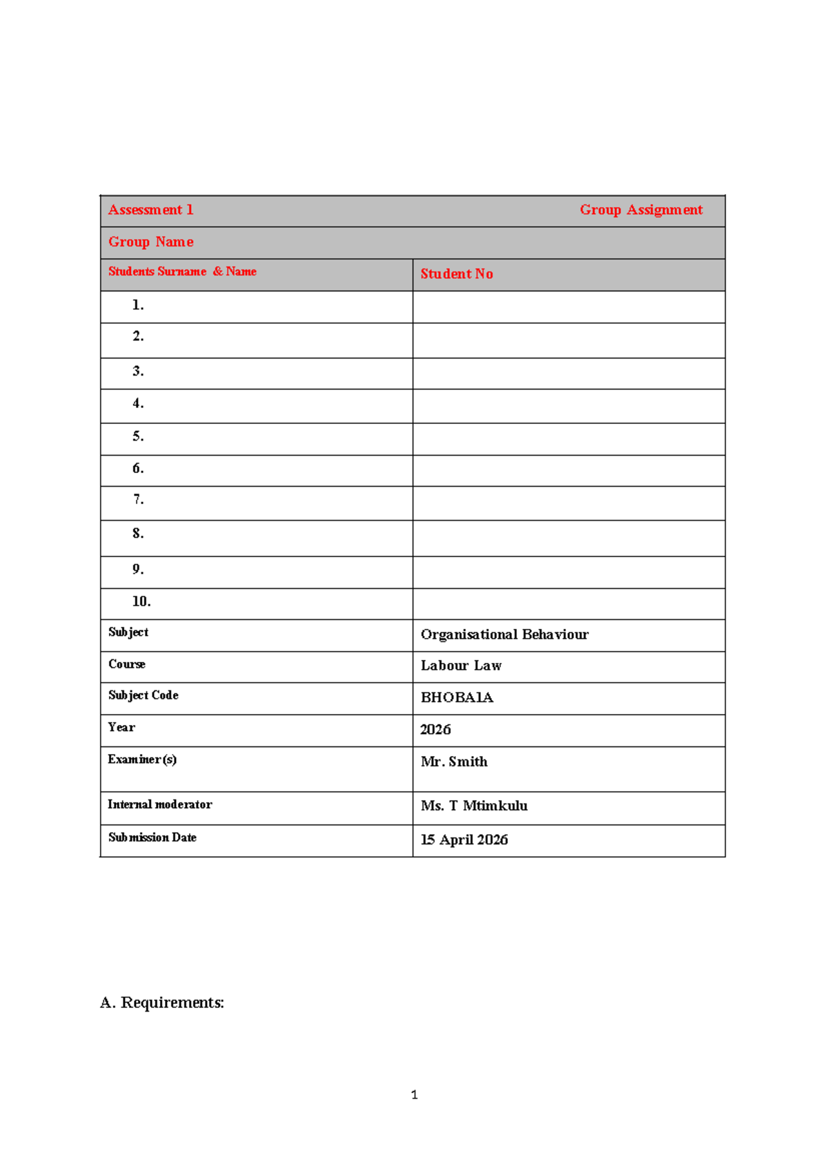 Assessment 1 Group Assignment: Organisational Behaviour BHOBA1A 2026 ...
