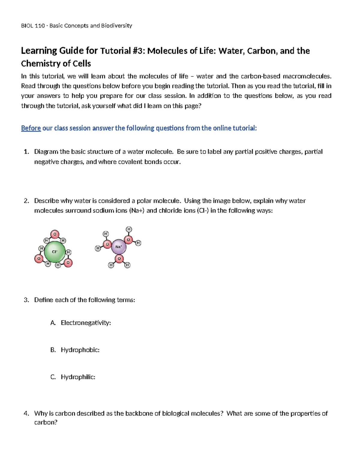 BIOL 110 Learning Guide for Tutorial 3: Water, Carbon, and Life ...