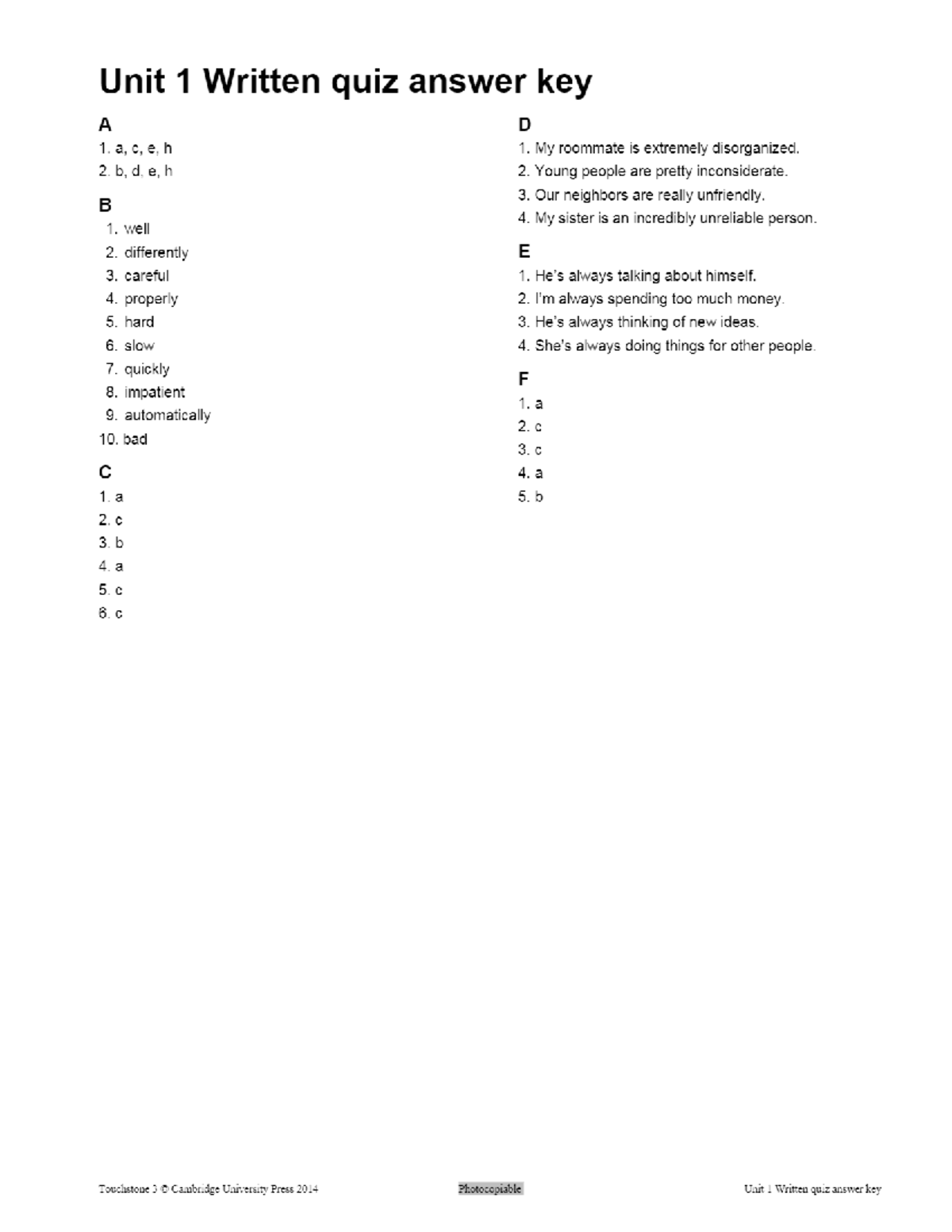 Touchstone 3 - Unit 1 Written Quiz Answer Key (2nd Edition) - Studocu