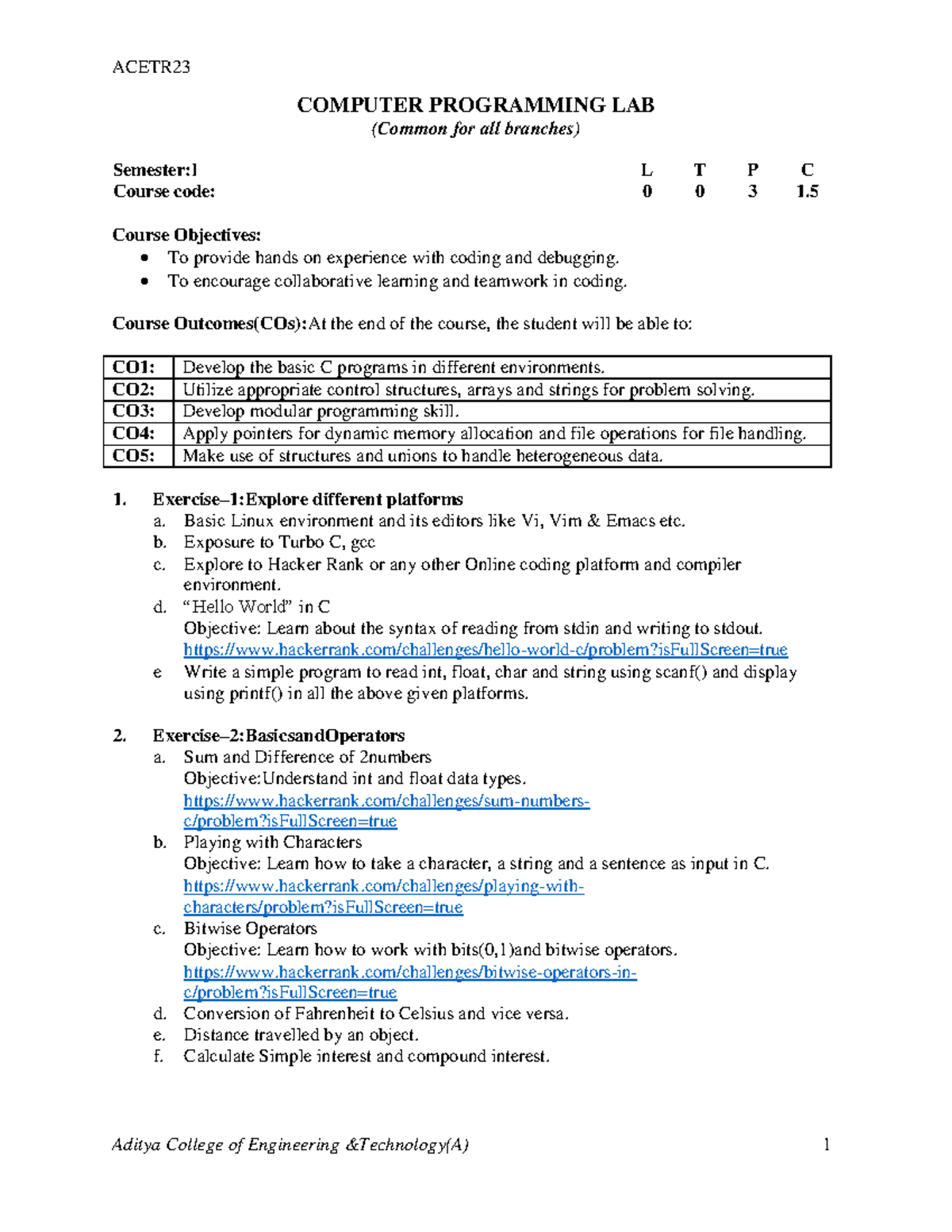 CP Lab Syllabus: C Programming Exercises & Course Overview - Studocu