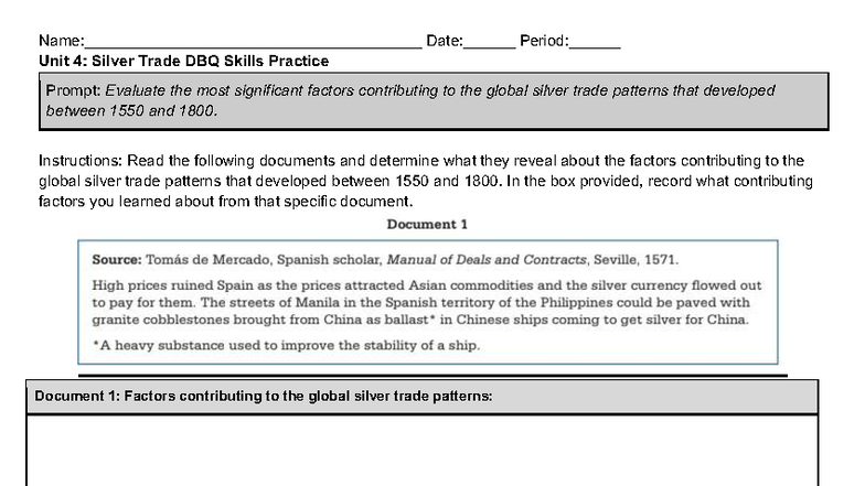 Unit 4: DBQ Skills on Silver Trade (1550-1800) Analysis - Studocu