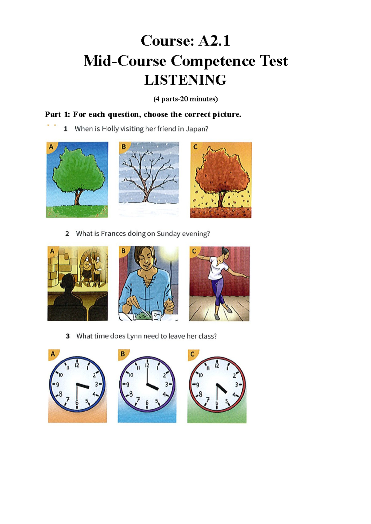 A2.1 Mid-Course Listening Test: Sample Questions & Answers - Studocu