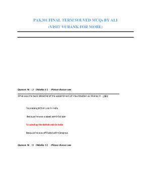 PAK 301 Final TERM Solved MCQs BY ALI - PAK301 FINAL TERM SOLVED MCQs BY ALI (VISIT VURANK FOR ...