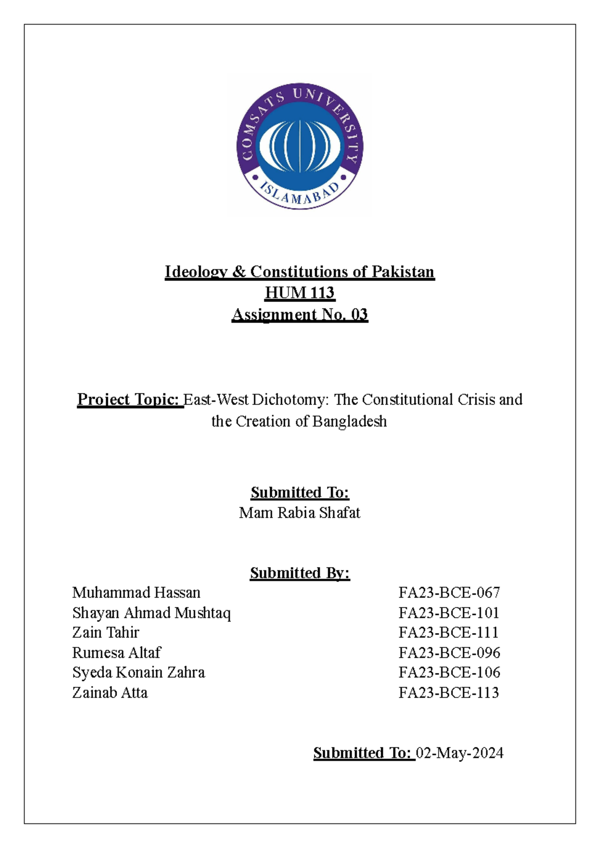 Assignment No. 03 - Ideology & Constitutions of Pakistan HUM 113 ...