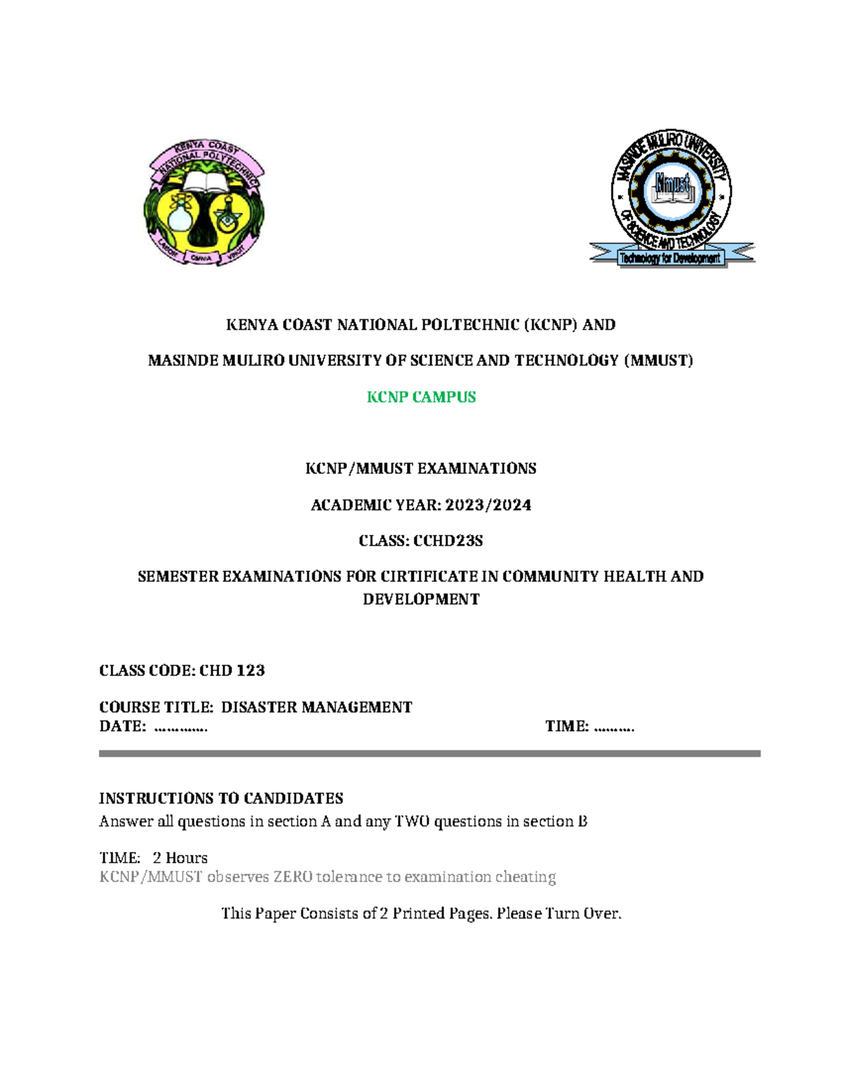 Disaster Management Exam Paper - CCHD 23S - Studocu