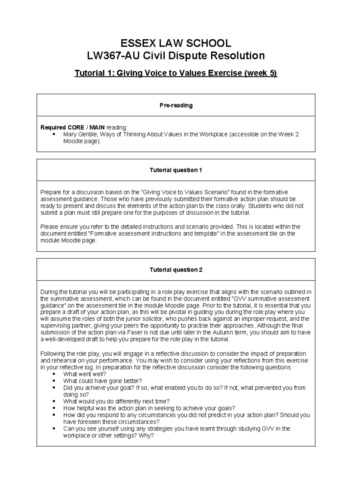 ESSEX LAW SCHOOL Civil Dispute Resolution Tutorial 1: GVV Preparation ...