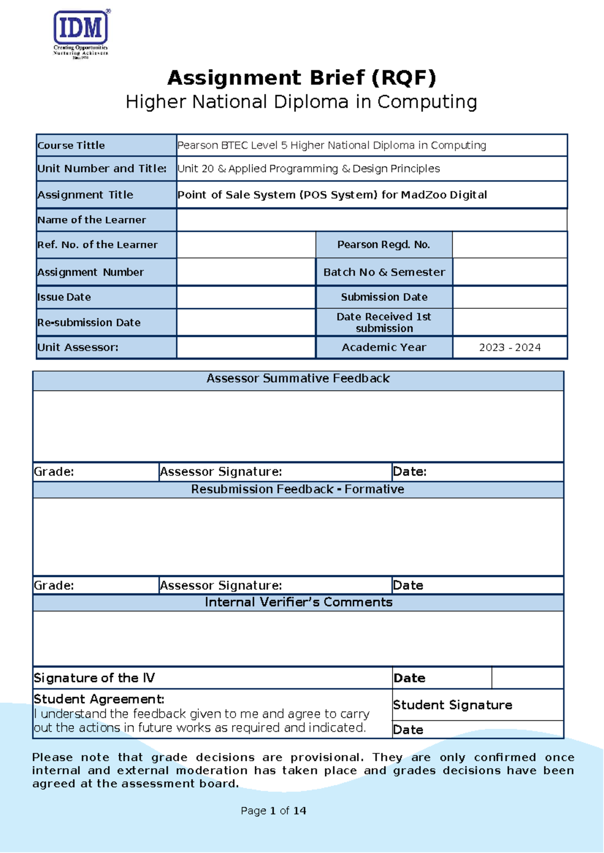 Unit 20 Assignment Brief: POS System Design for MadZoo Digital - Studocu