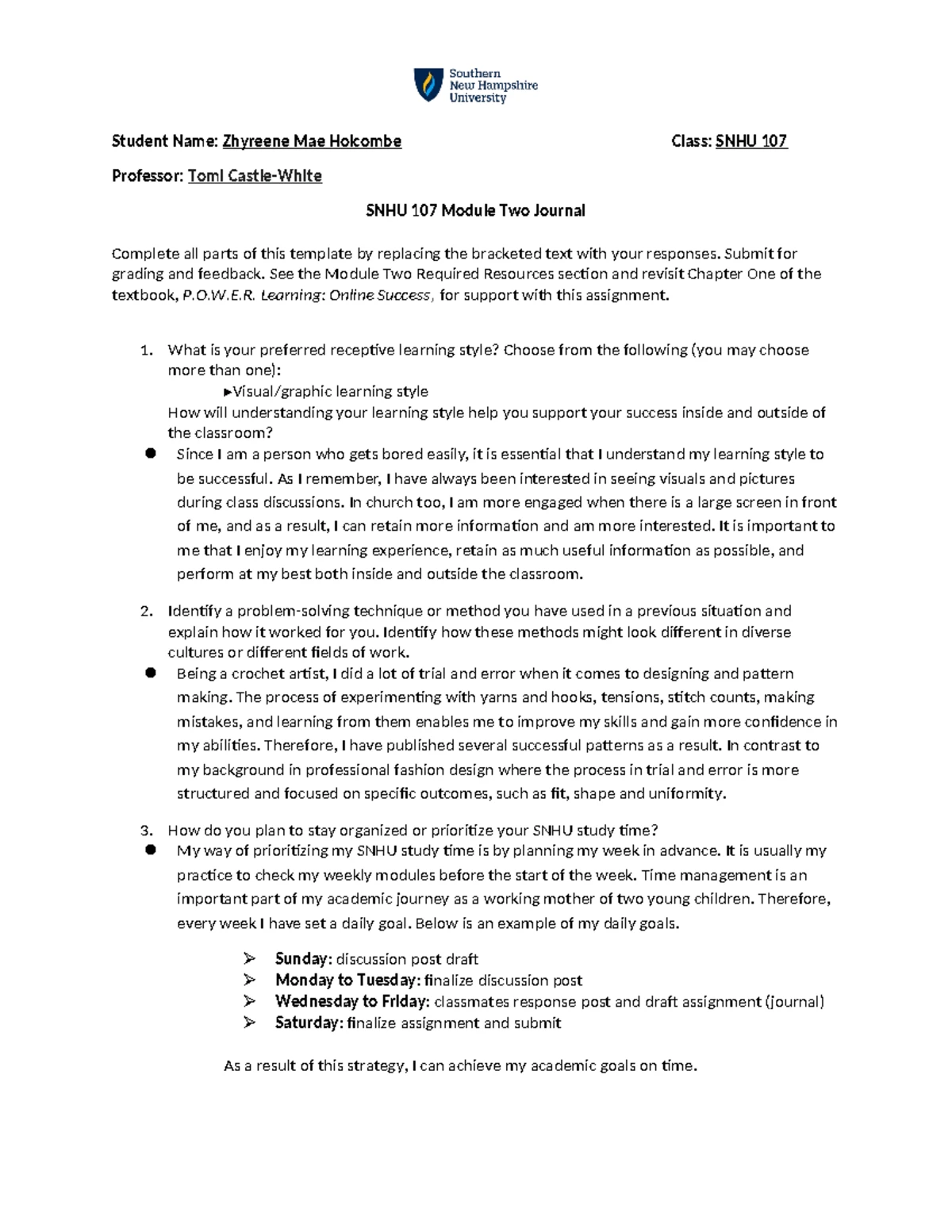 SNHU 107 Module Five Journal Template - ' SNHU 107 Module Five Journal ...